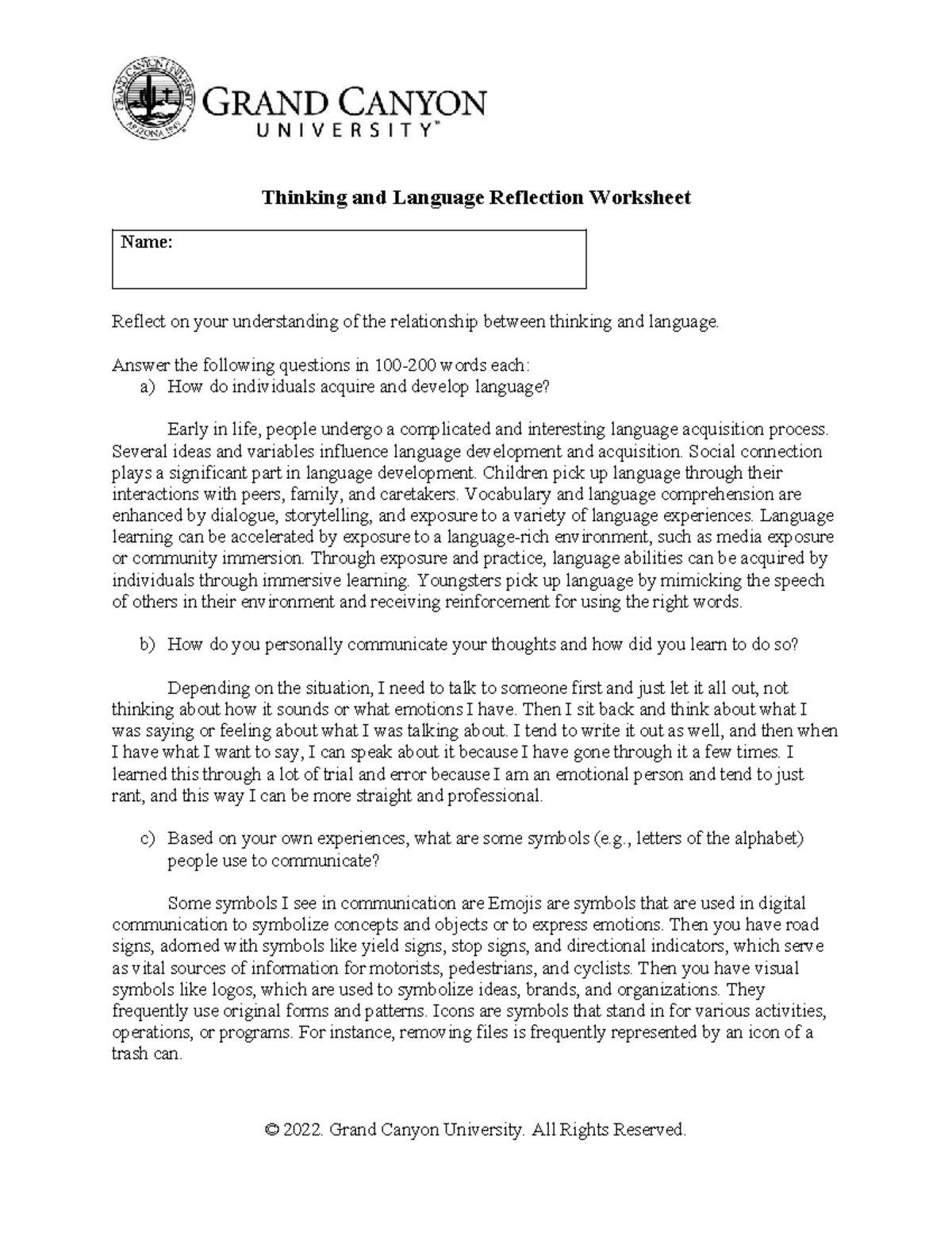 PHI105 - critical thinking - Thinking and Language Reflection Worksheet ...