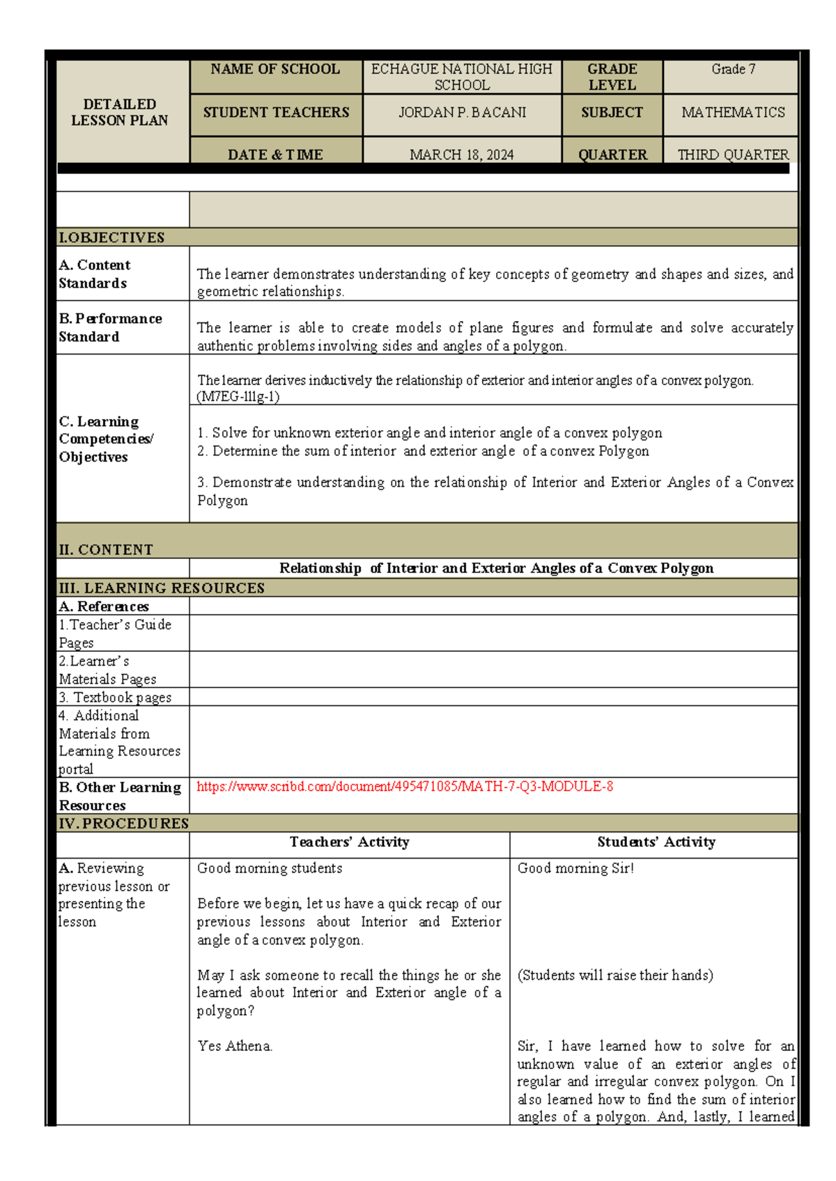 March-18-2024 - EXTERIOR AND INTERIOR ANGLE - DETAILED LESSON PLAN NAME ...