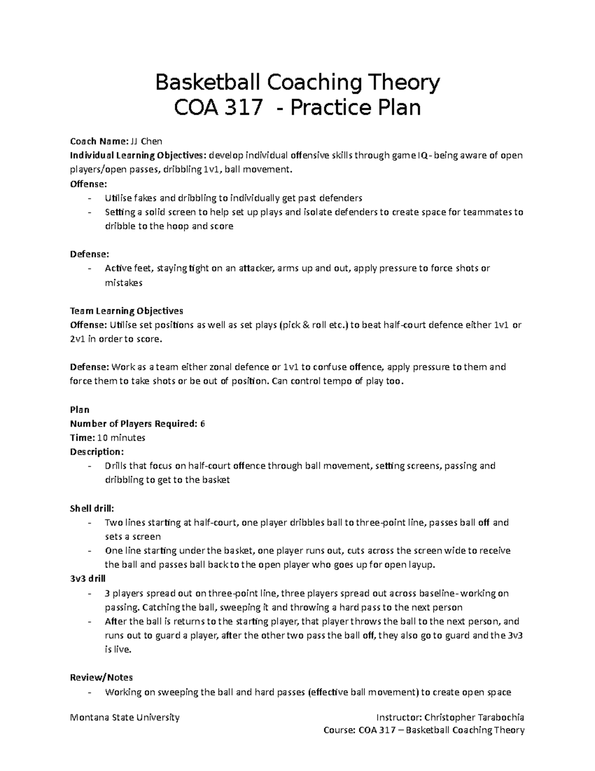 Coaching Plan #2 - Basketball Coaching Theory COA 317 - Practice Plan ...