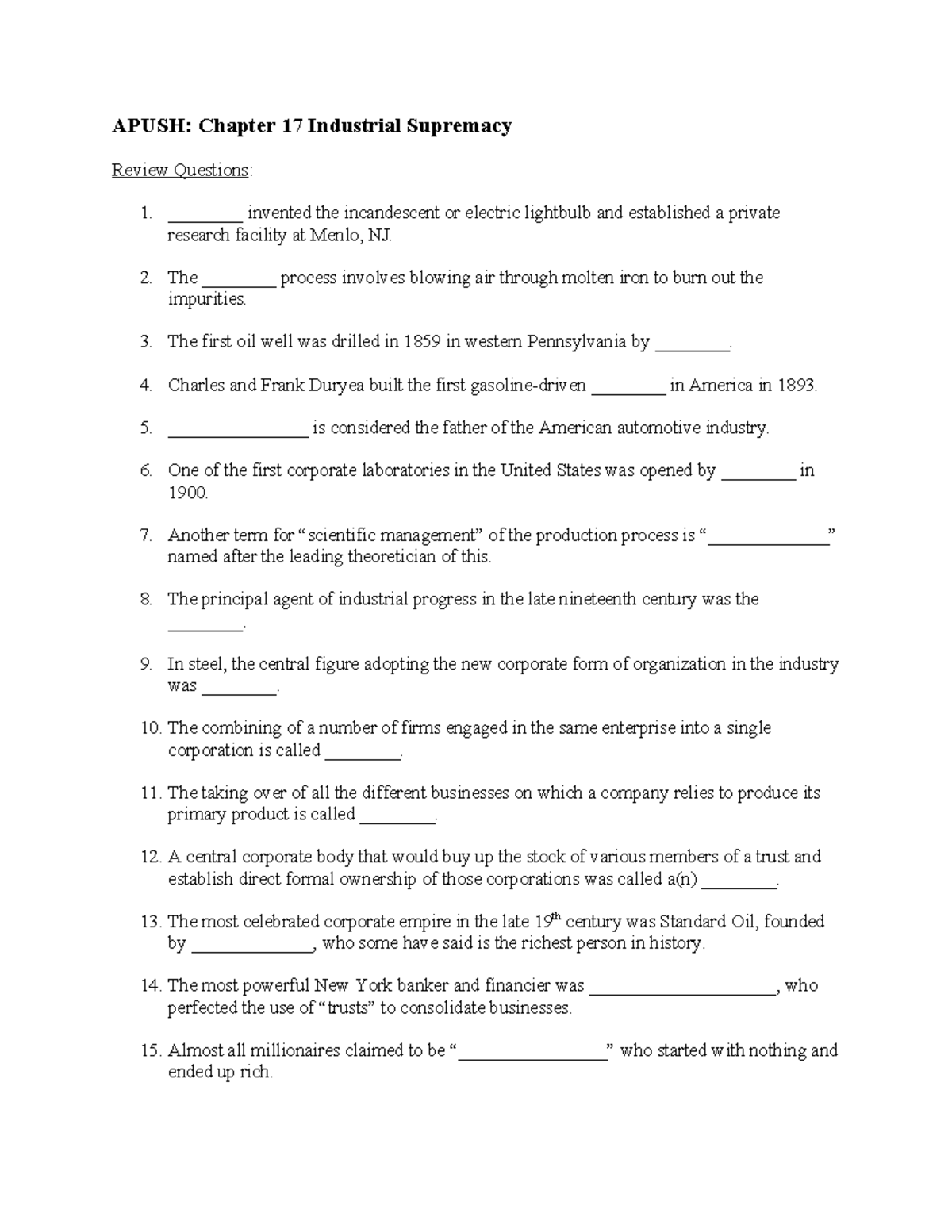 Apush-Chapter 17Review Questions - APUSH: Chapter 17 Industrial ...
