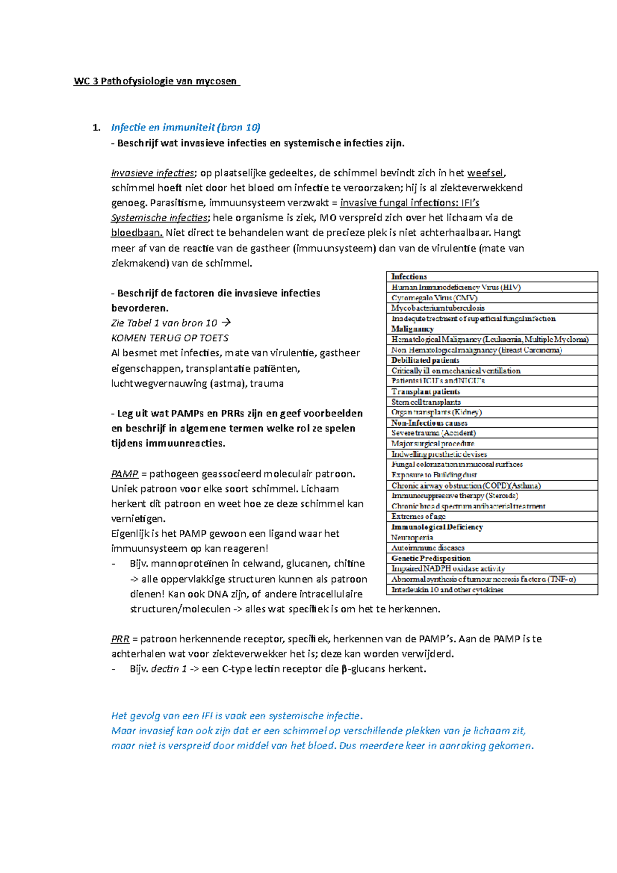 Presentaties WC3 - wc 3 - WC 3 Pathofysiologie van mycosen Infectie en ...