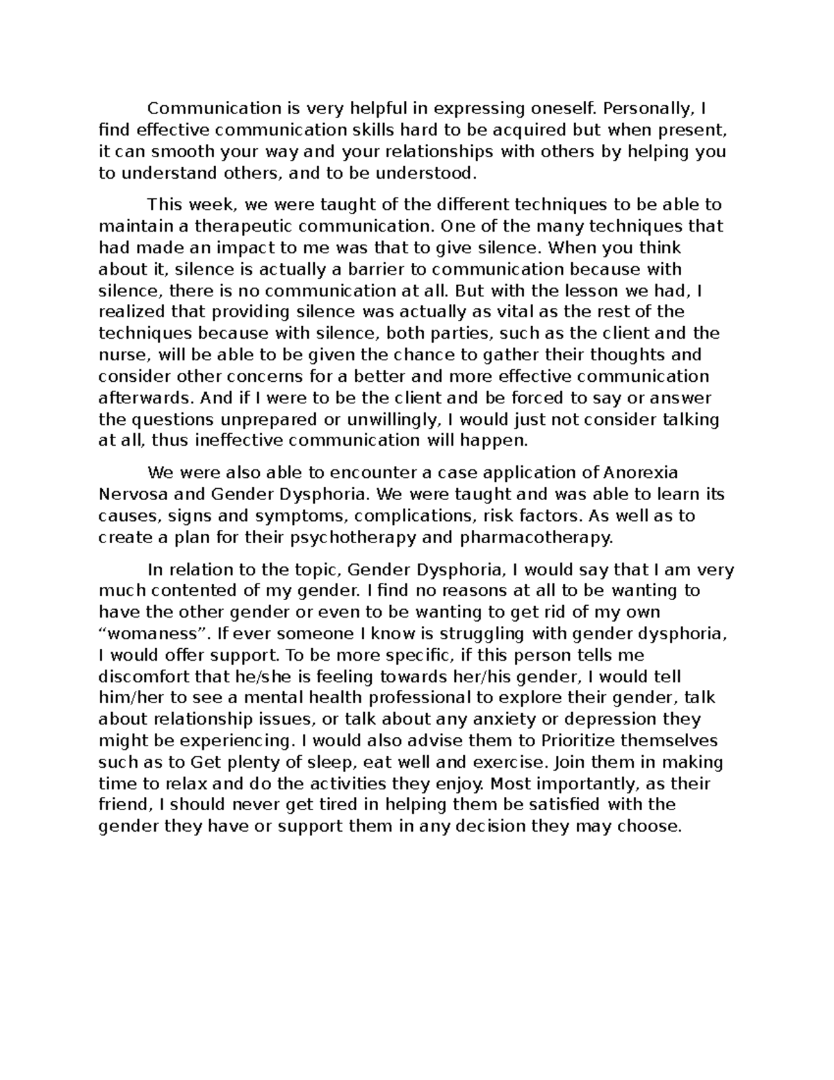 San Felix - Psych - Reflective Journal - Theracom, Eating Ds, & Gender ...