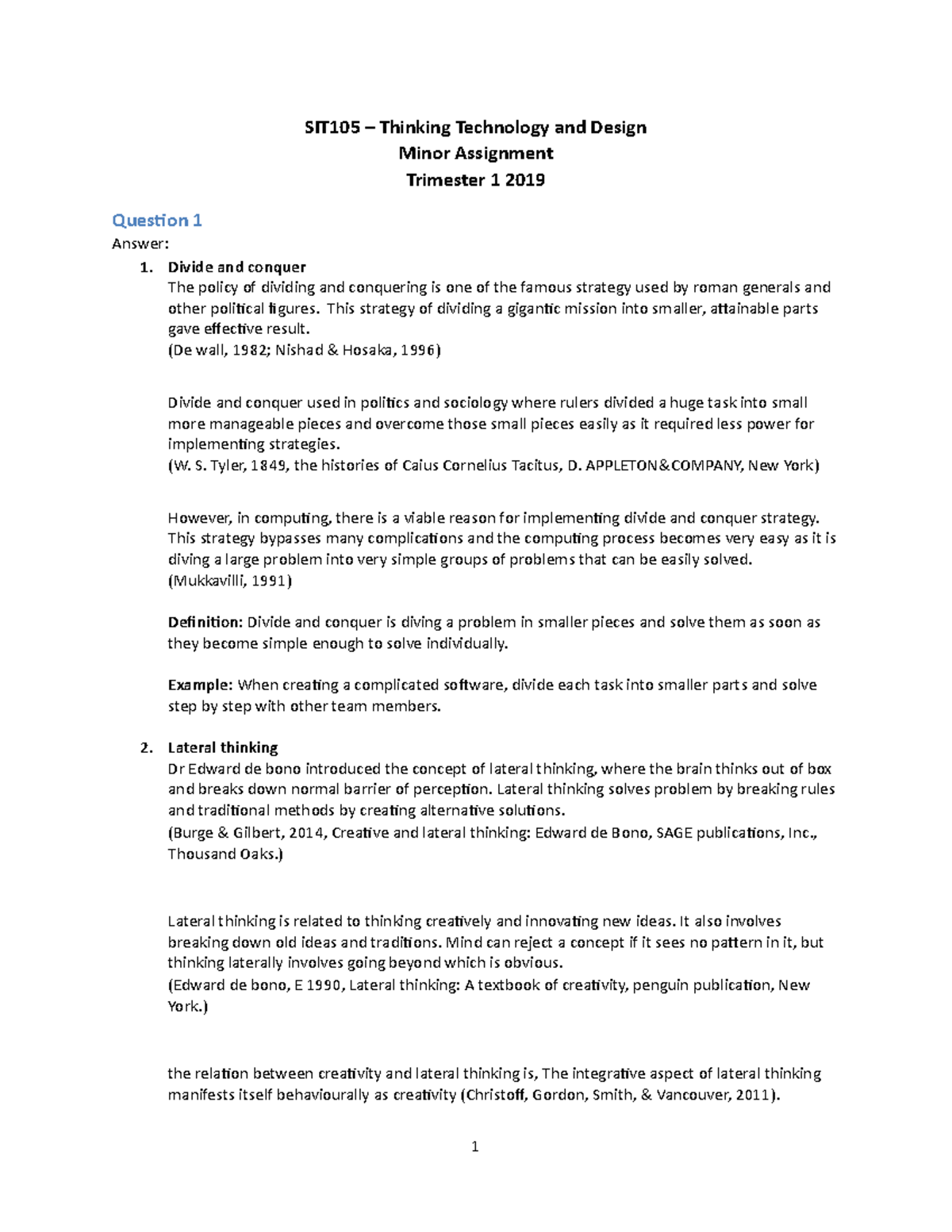 Thinking and technology - SIT105 – Thinking Technology and Design Minor Assignment Trimester 1 ...