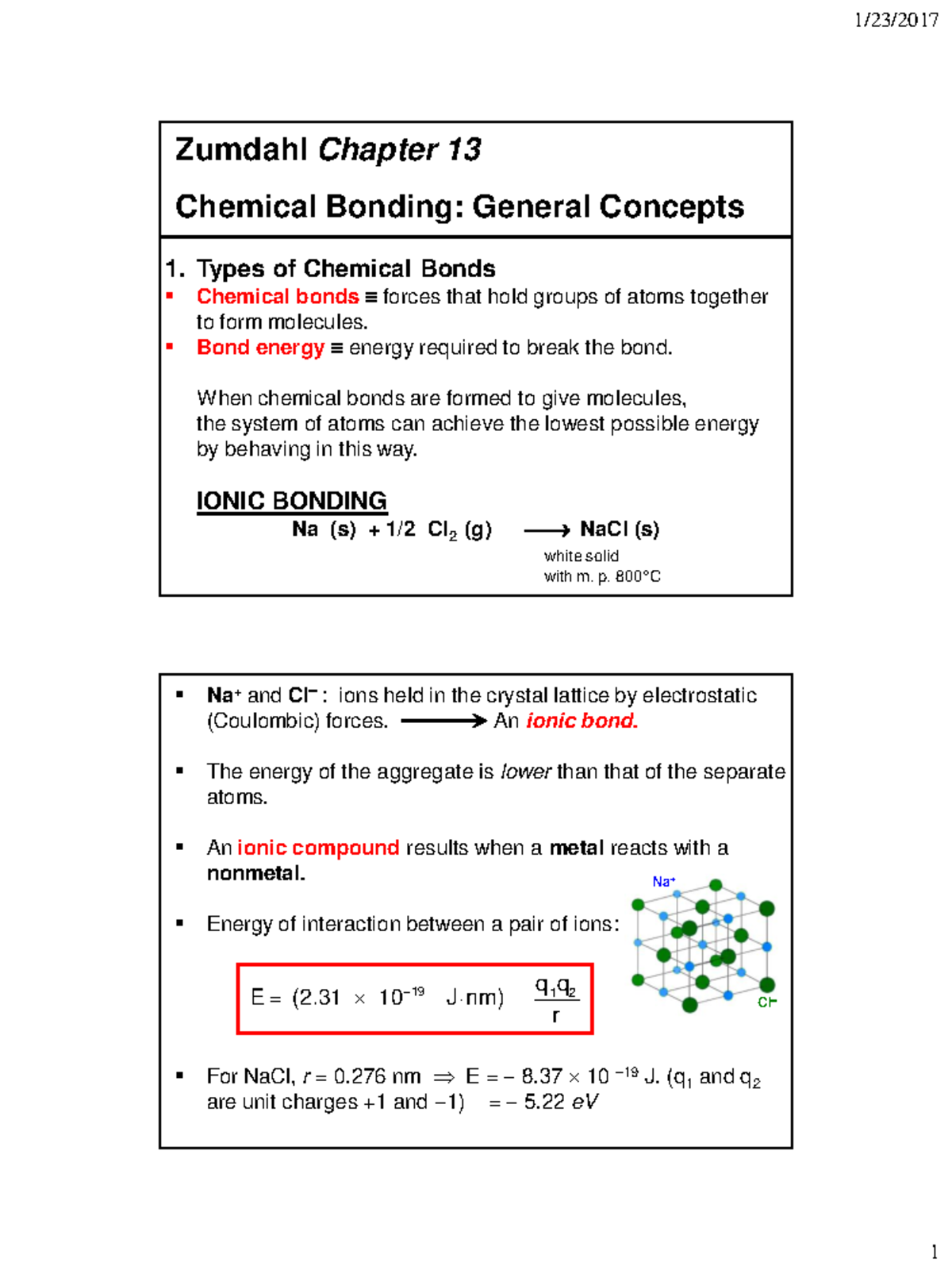 Lecture 7A-R - Zumdahl Chapter 13 Chemical Bonding: General Concepts 1 ...