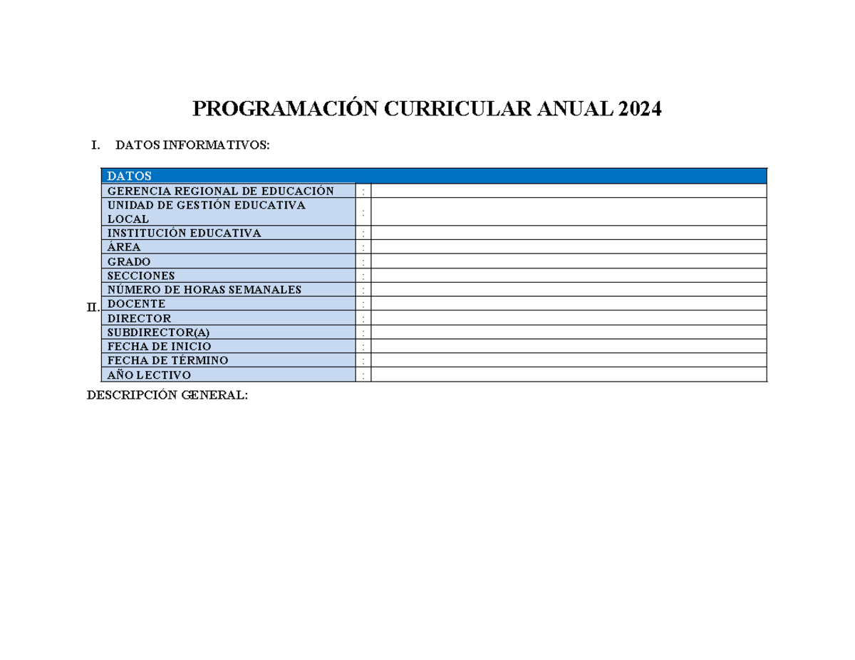 Esquema DE Programacion Anual - PROGRAMACIÓN CURRICULAR ANUAL 2024 I. DATOS INFORMATIVOS: II ...
