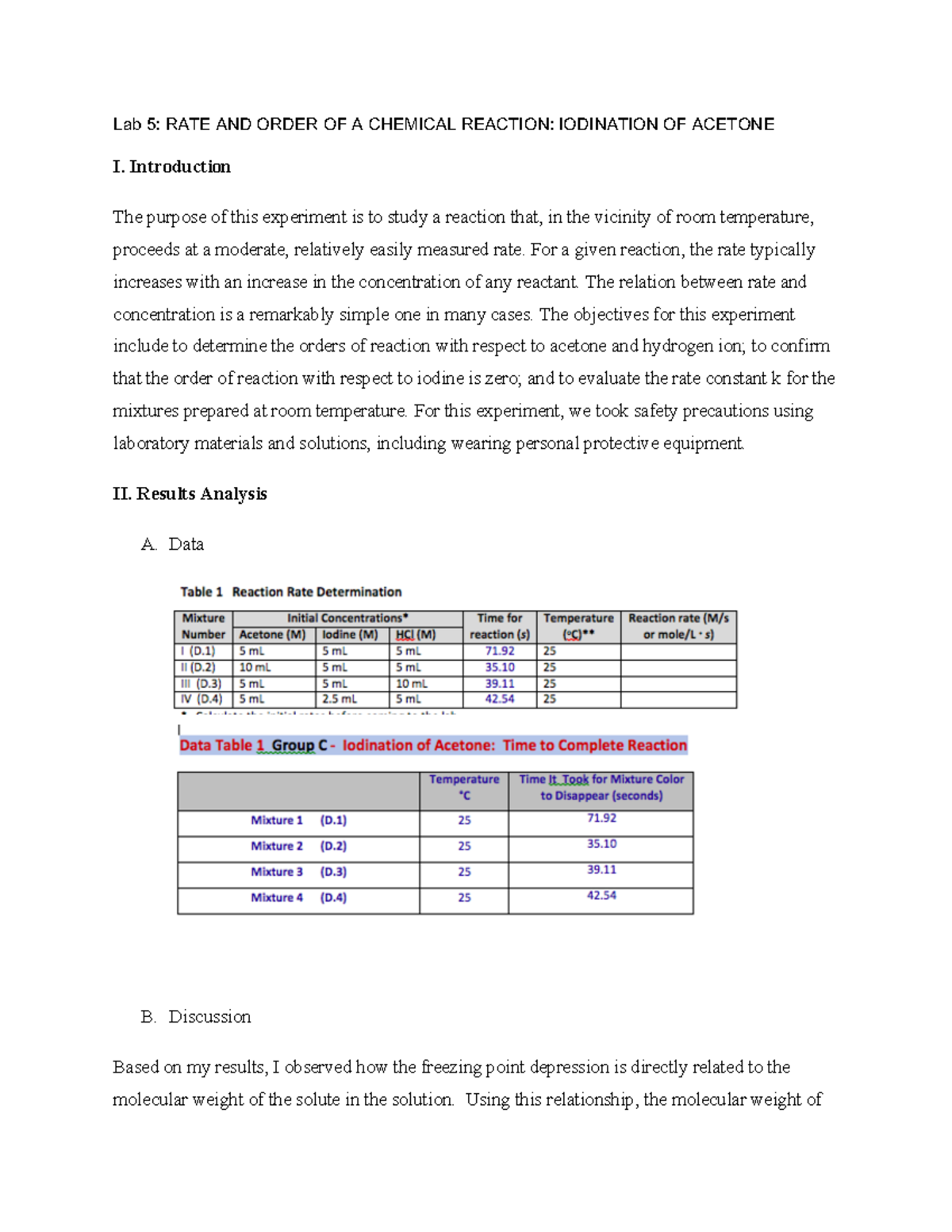 Lab 5 Report - lab 5 - Lab 5: RATE AND ORDER OF A CHEMICAL REACTION ...