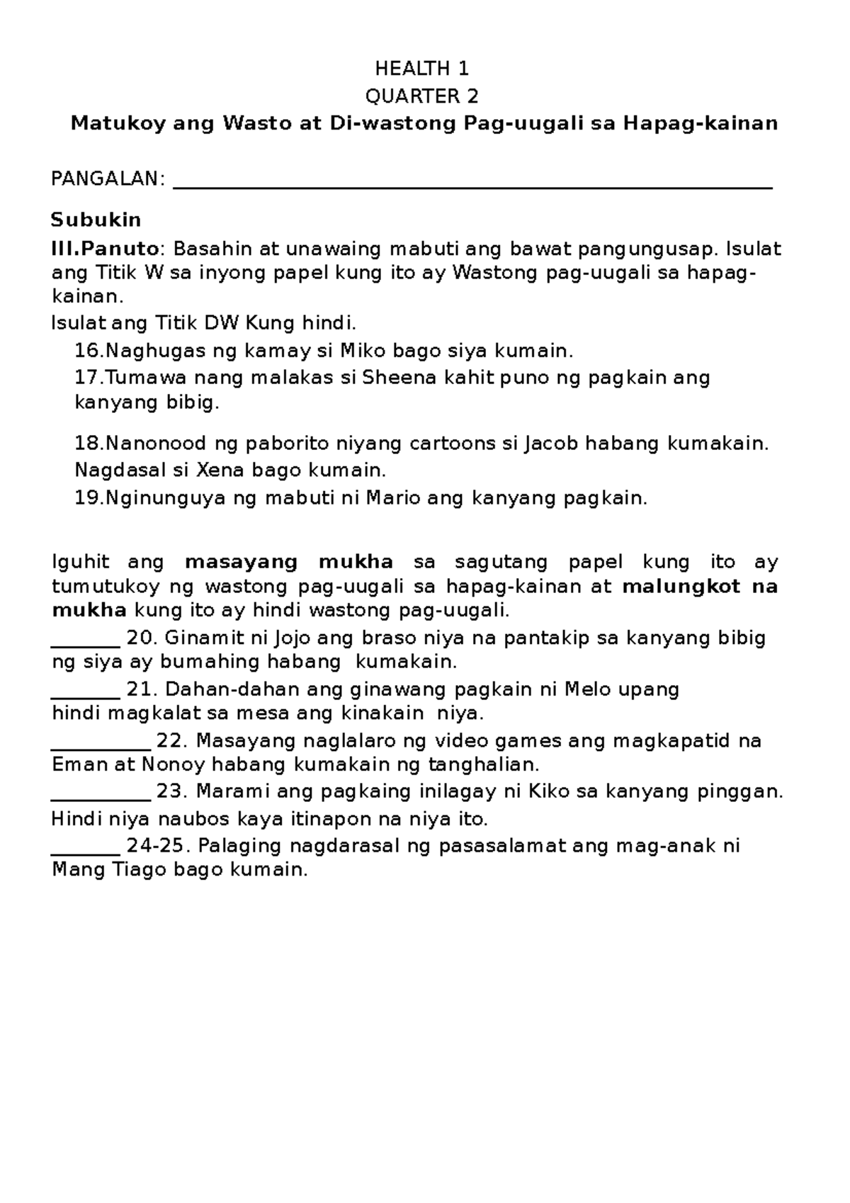 Health 1 MOD1 Q2 - lesson plan - HEALTH 1 QUARTER 2 Matukoy ang Wasto ...