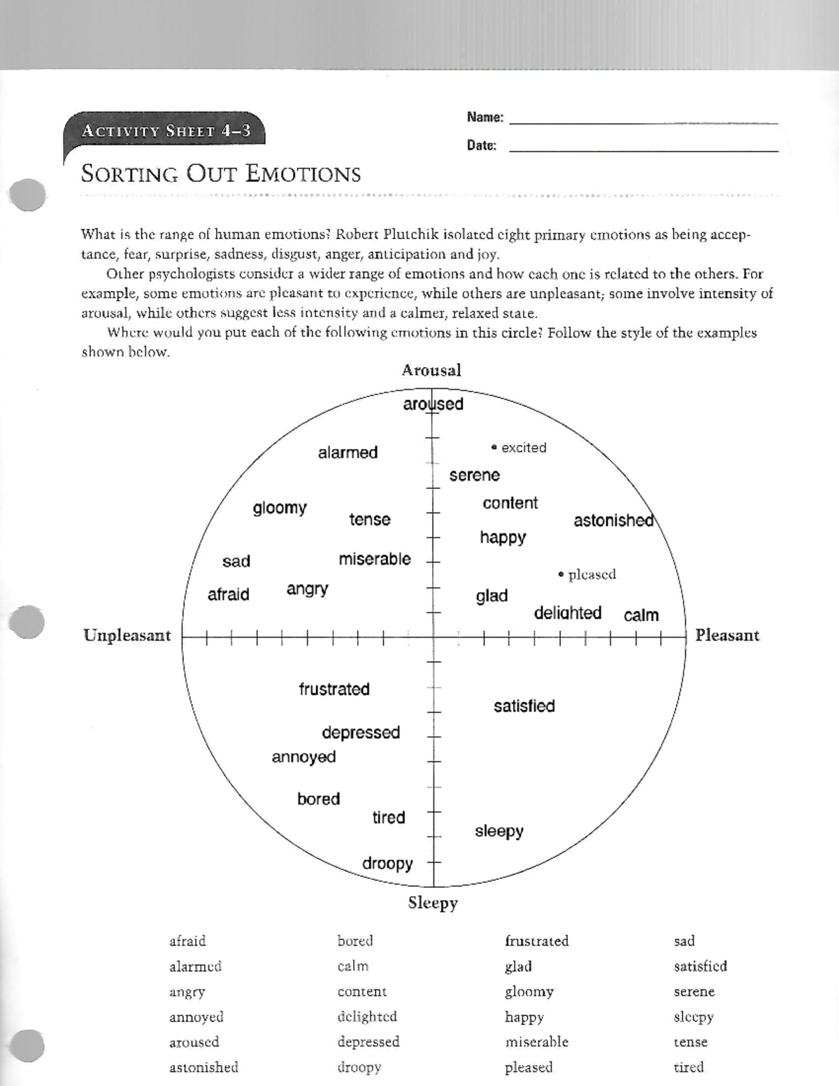 Worksheet Emotions - Name: ACTIVITY SHEET Date: SORTING OUT EMOTIONS ...