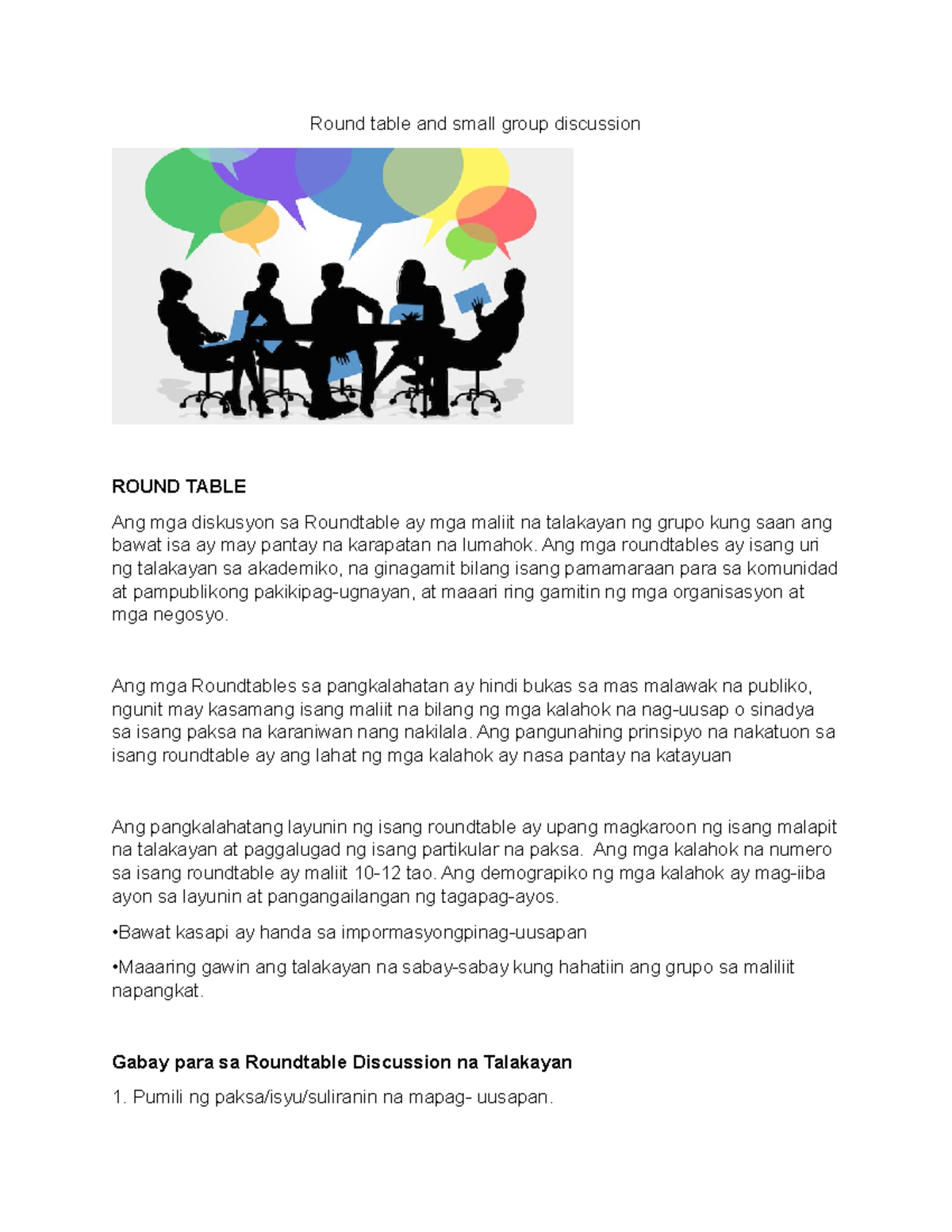 Round table and small group discussion - Ang mga roundtables ay isang ...