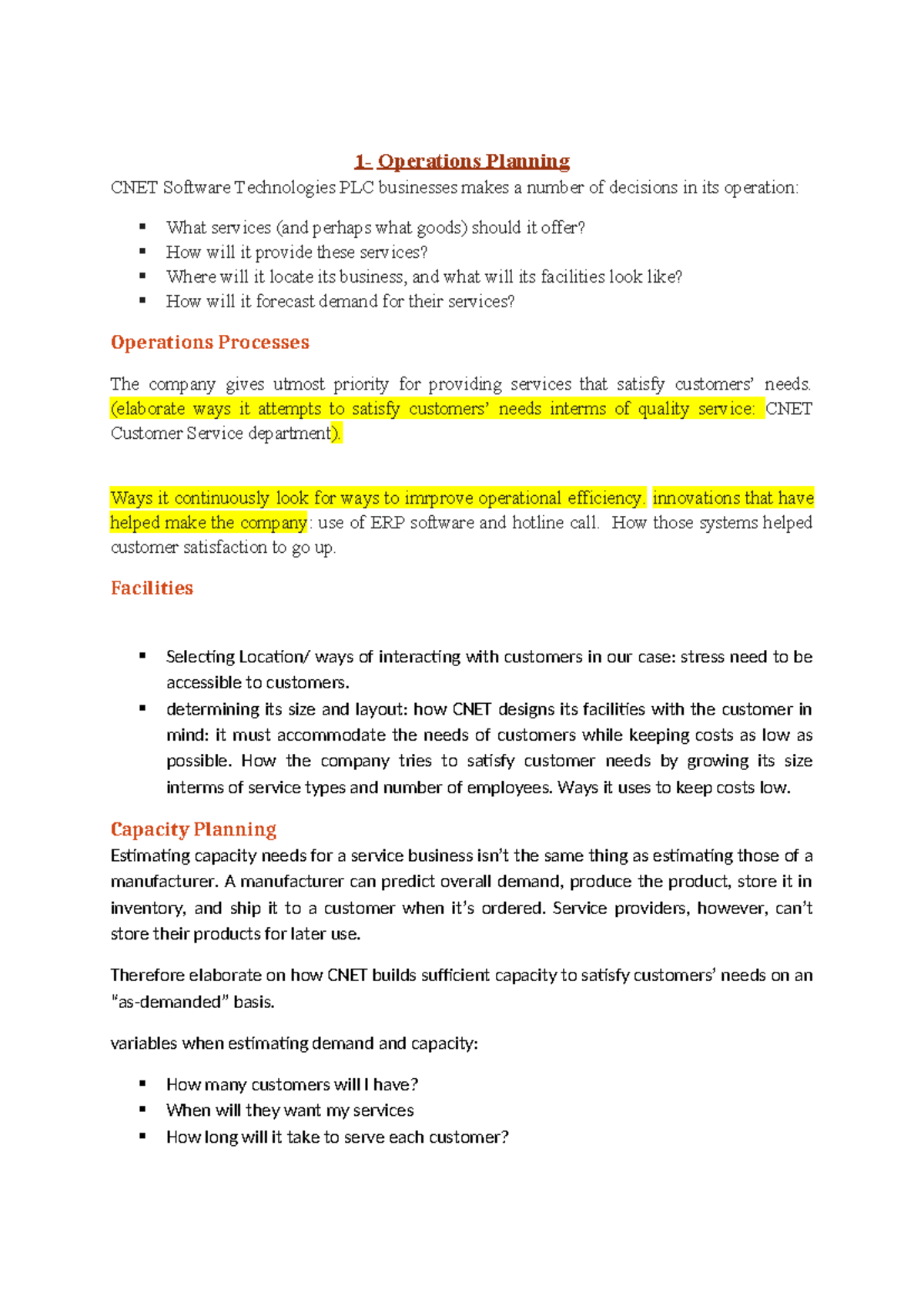 OM assignment - 1 - Operations Planning CNET Software Technologies PLC ...
