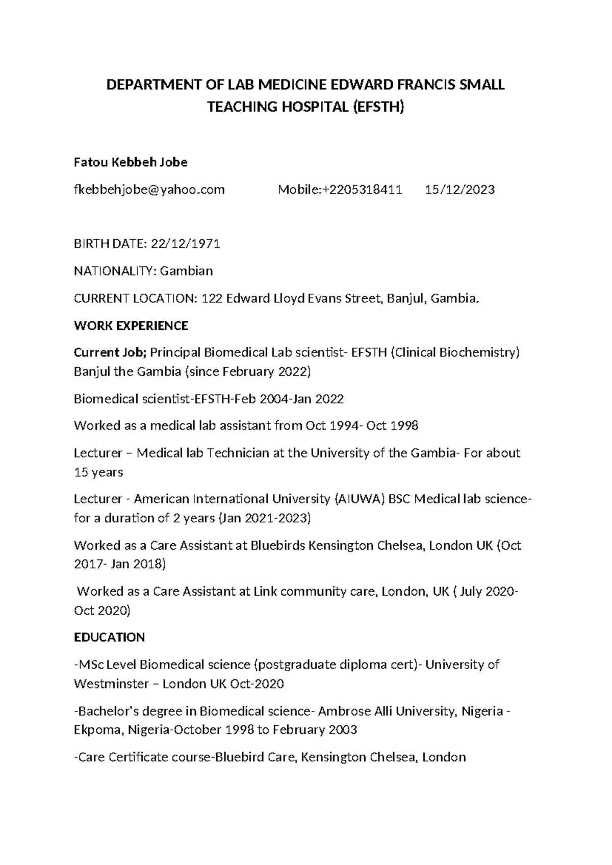 FKJ updated CV - DEPARTMENT OF LAB MEDICINE EDWARD FRANCIS SMALL ...