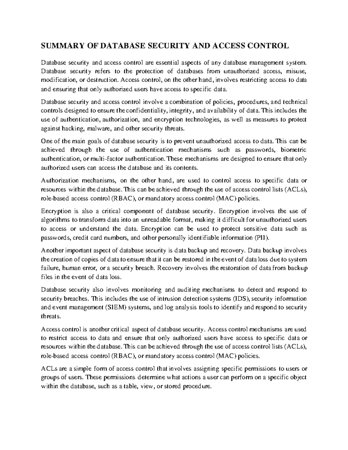 Summary of Database Security and Access Control - SUMMARY OF DATABASE ...