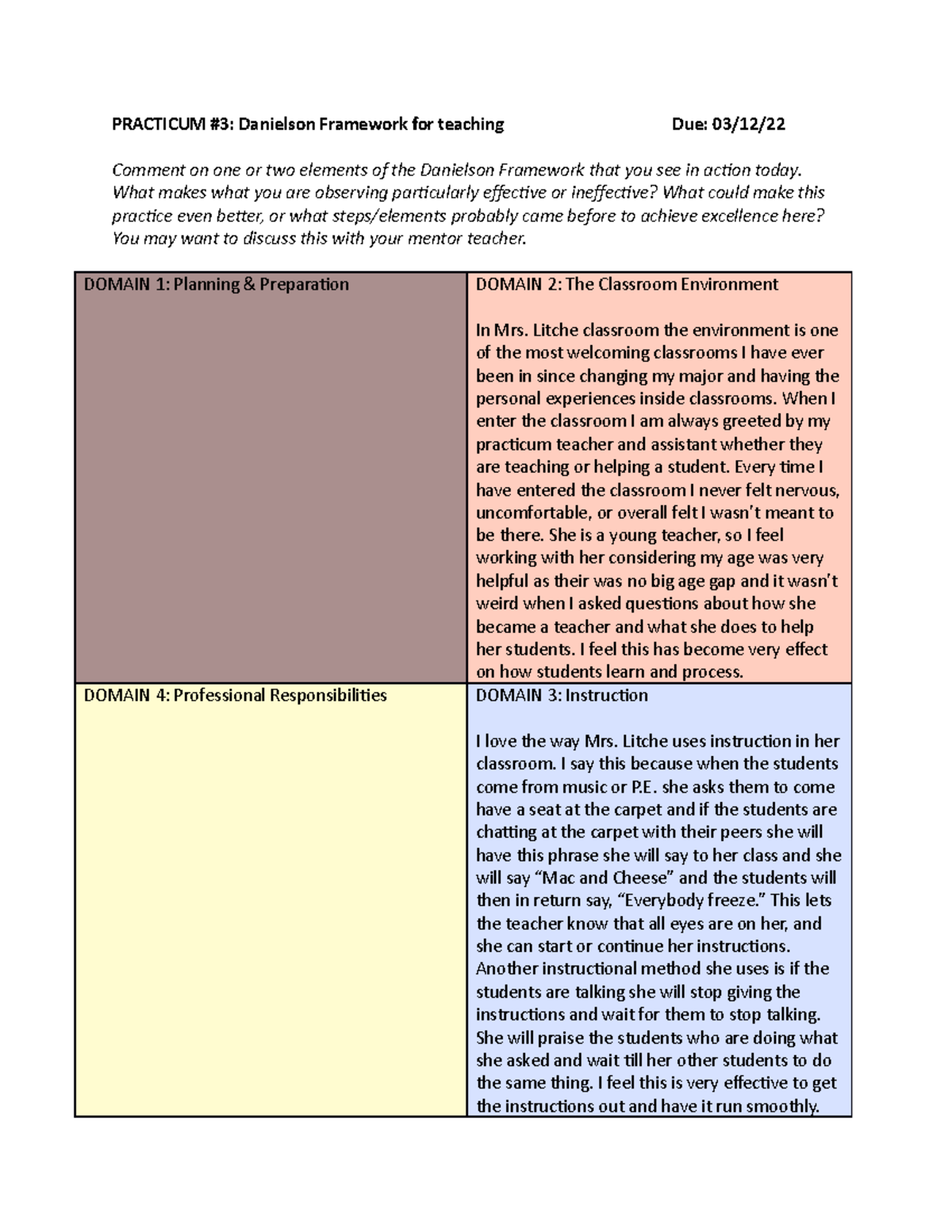 Practicum Danielson - n/a - PRACTICUM #3: Danielson Framework for teaching Due: 03/12/ Comment ...