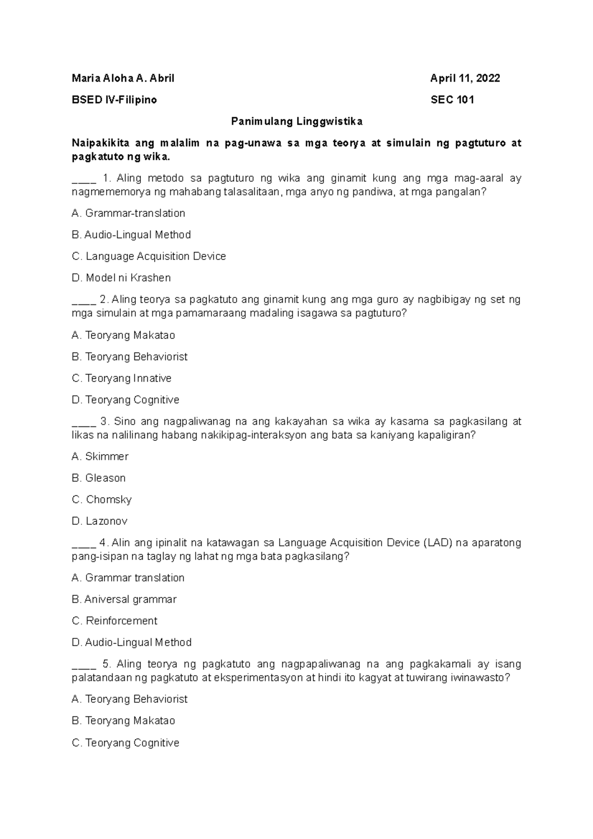 SEC-1 - questions only. - Maria Aloha A. Abril April 11, 2022 BSED IV ...