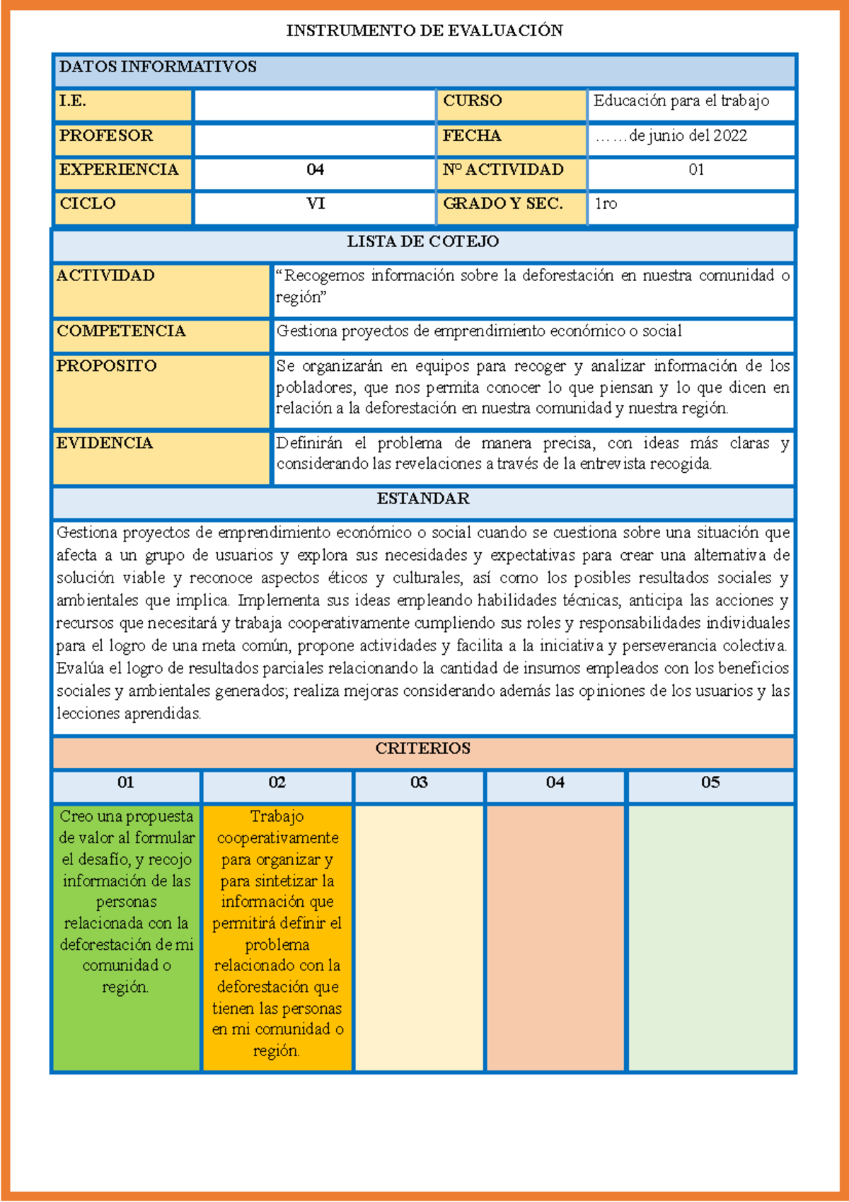 EPT 1° - EDA 4 Instrumento DE EVAL. DE EPT - INSTRUMENTO DE EVALUACIÓN DATOS INFORMATIVOS I.E ...