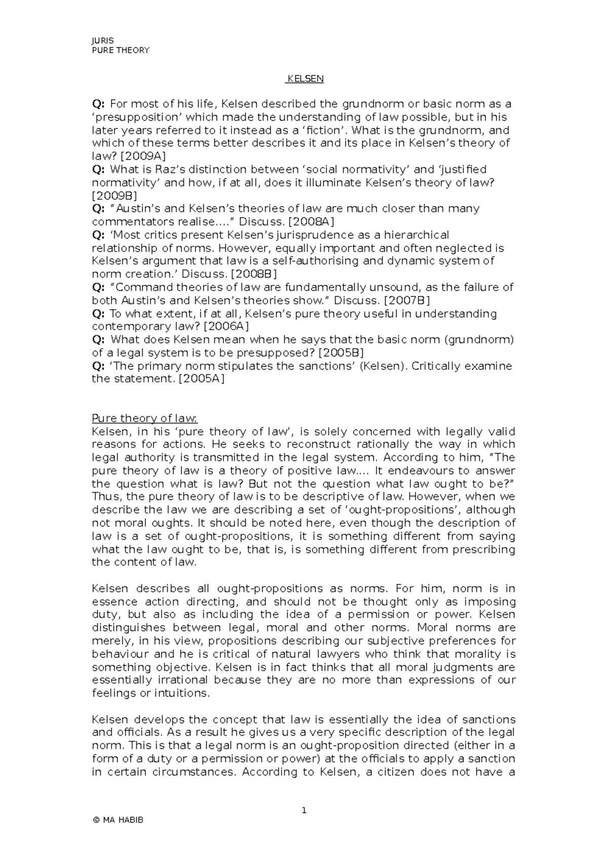 J6.1- Pure theory - PURE THEORY KELSEN Q: For most of his life, Kelsen ...