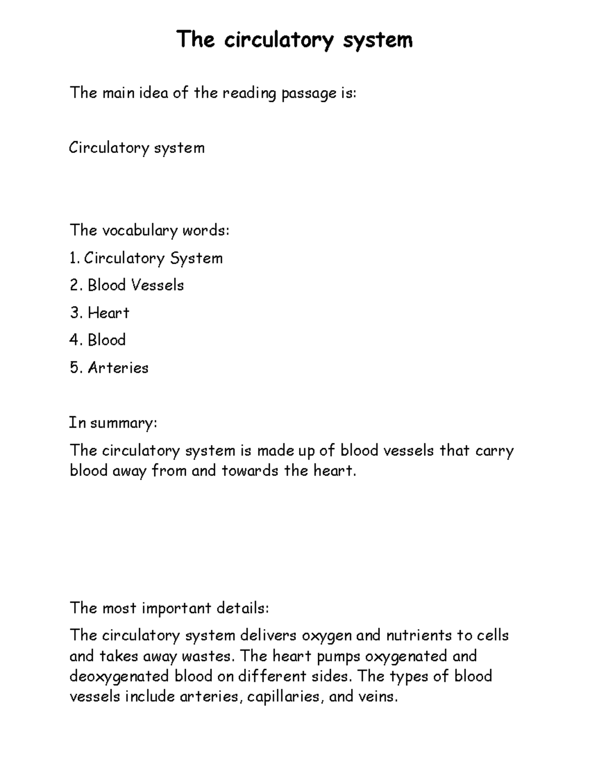 The circulatory System reading - The circulatory system The main idea ...