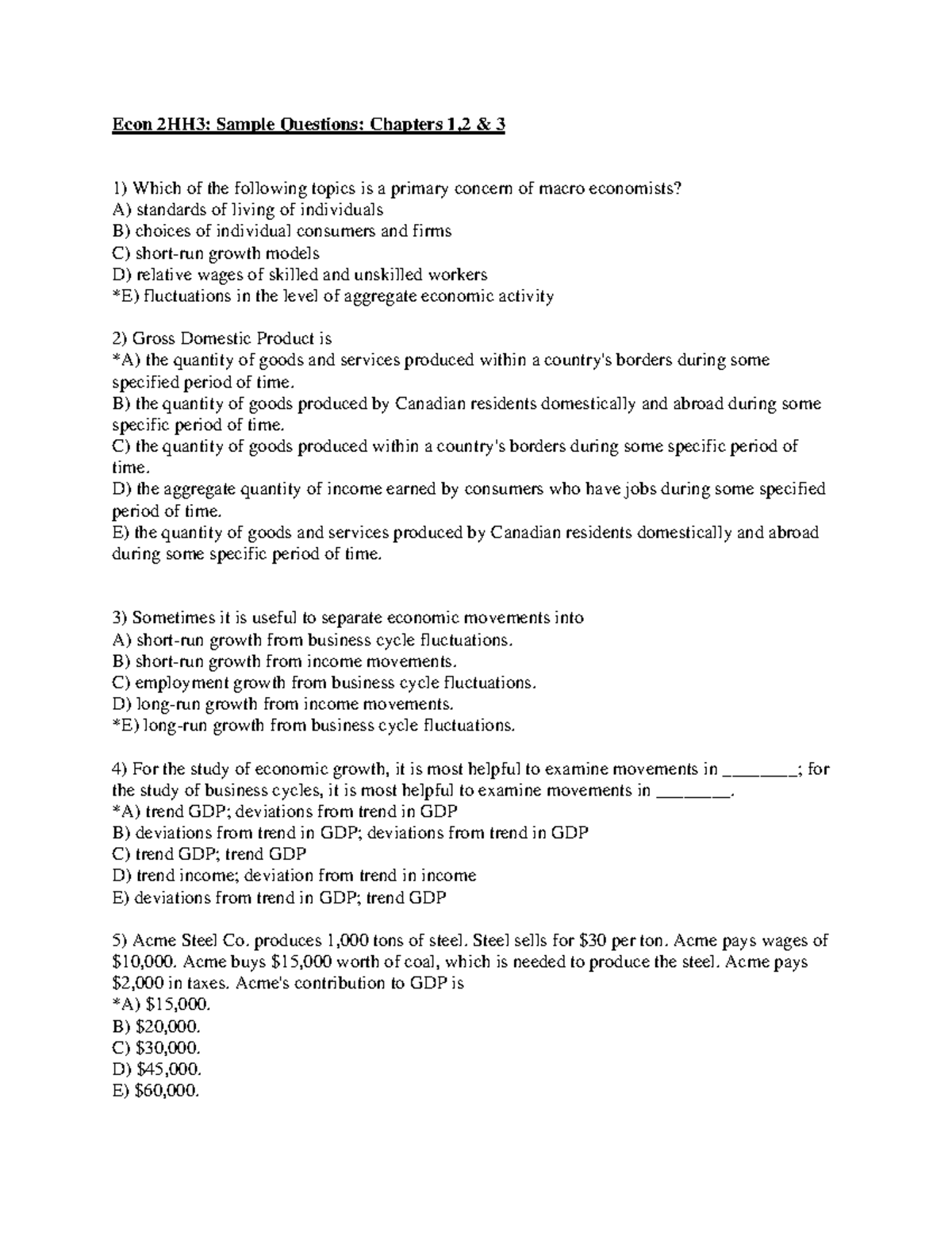 Sample Questions Chapters 1to3 - Econ 2HH3: Sample Questions: Chapters ...