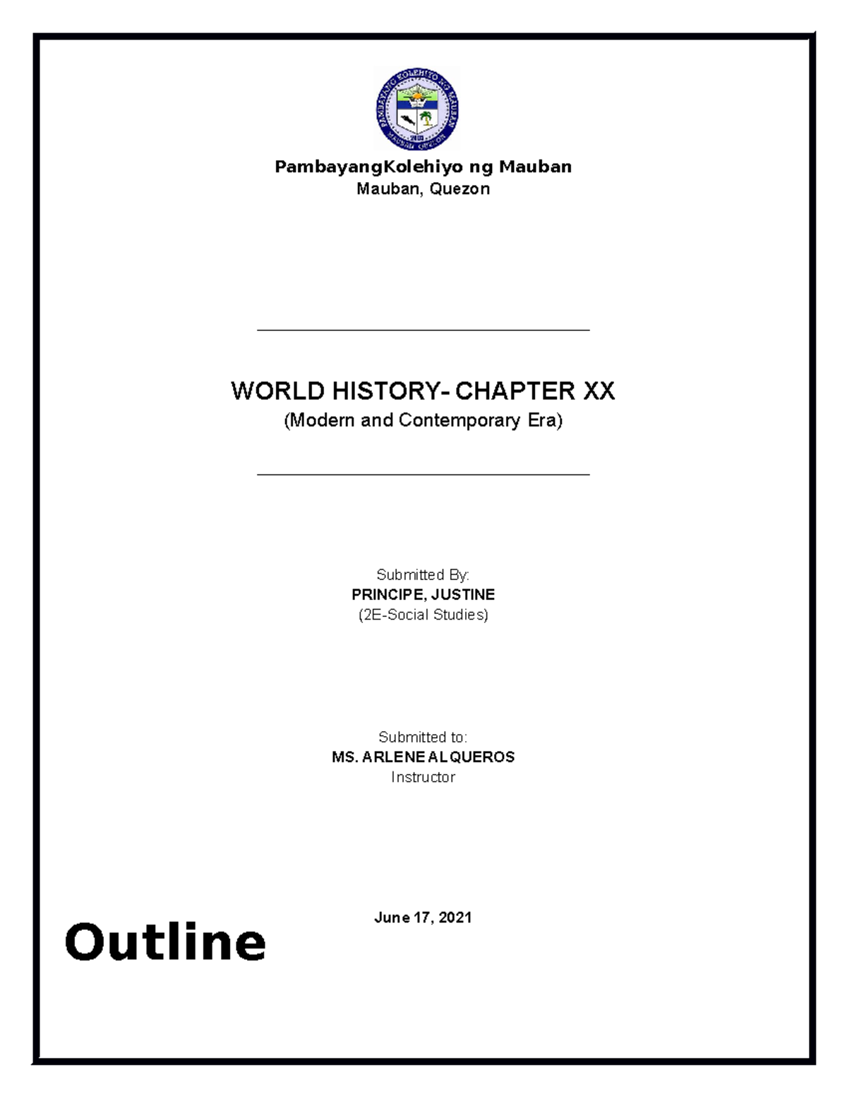 Principe Justine 2E- Social Studies Chapter 20 Outline in World History ...