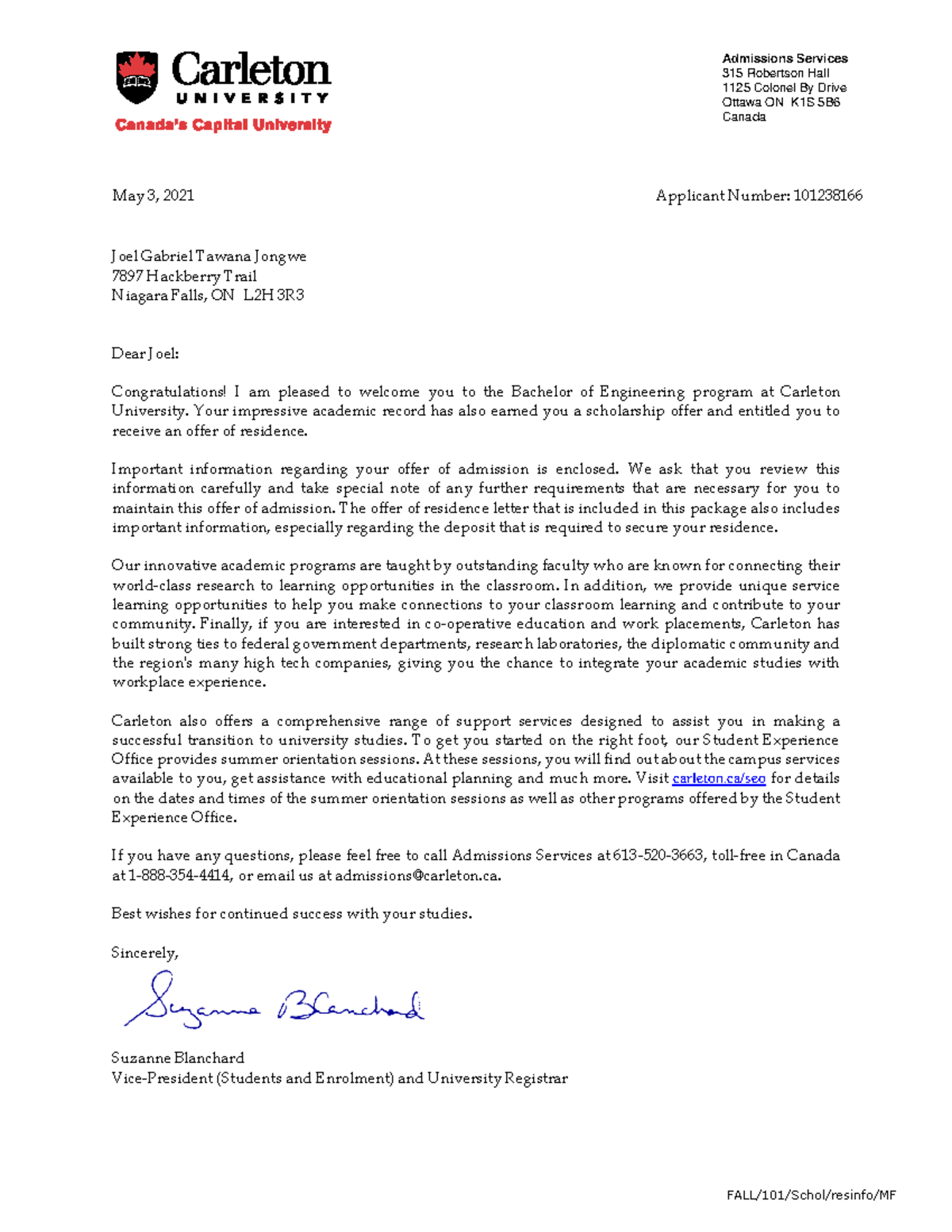 Carleton university offer - Admissions Services 315 Robertson Hall 1125 ...