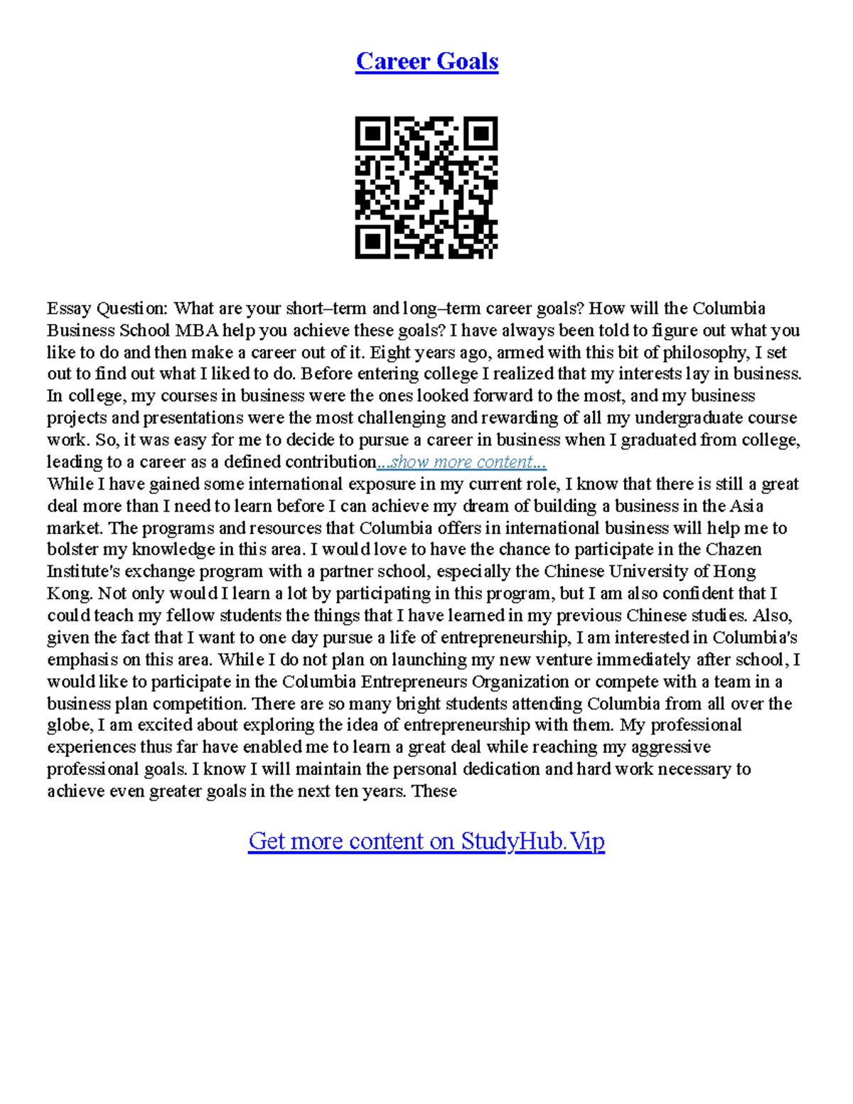 Sample Career Goals Essay - Career Goals Essay Question: What are your ...