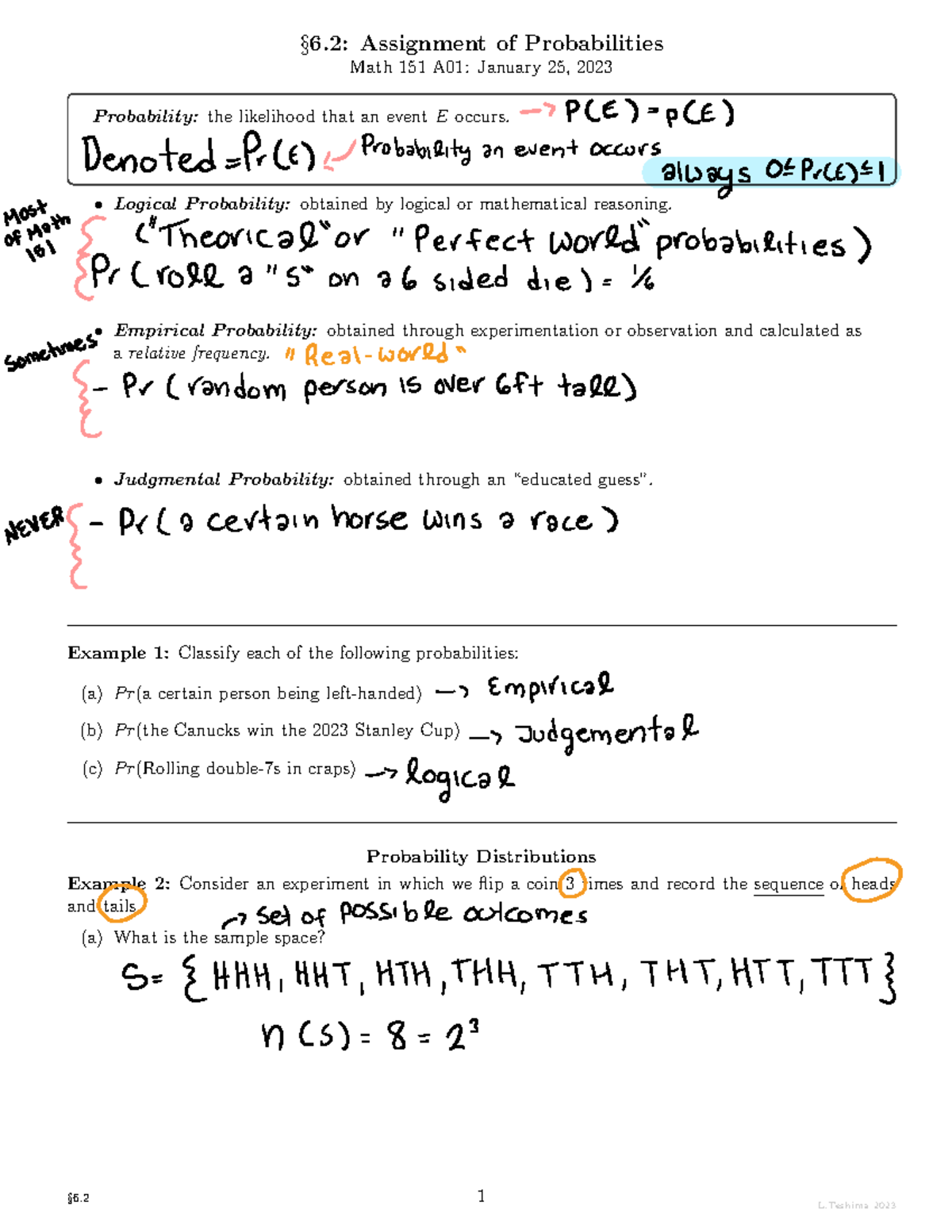 Section 6 - in class notes - §6: Assignment of Probabilities Math 151 ...