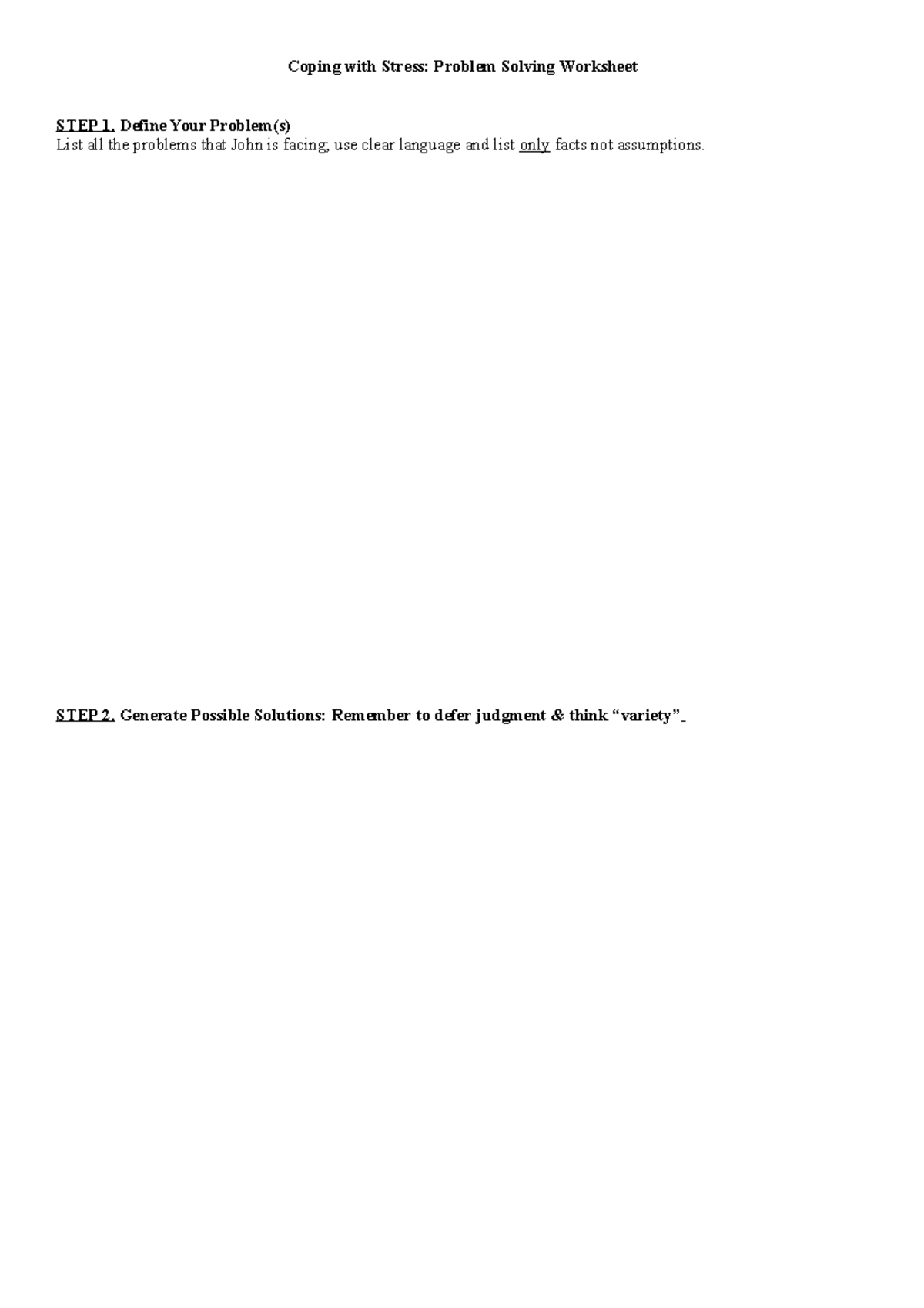 Week 5 - Stress Coping Handout 2 - Coping with Stress: Problem Solving ...