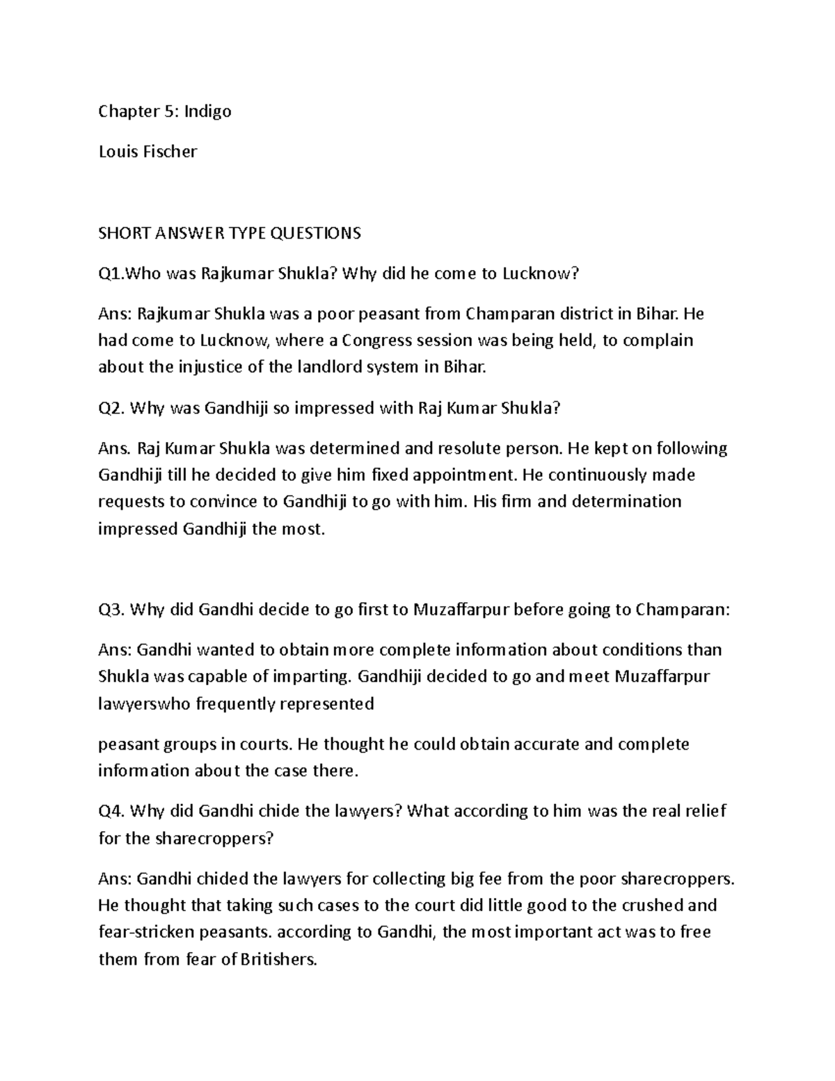 Indigo summaries - Chapter 5: Indigo Louis Fischer SHORT ANSWER TYPE ...