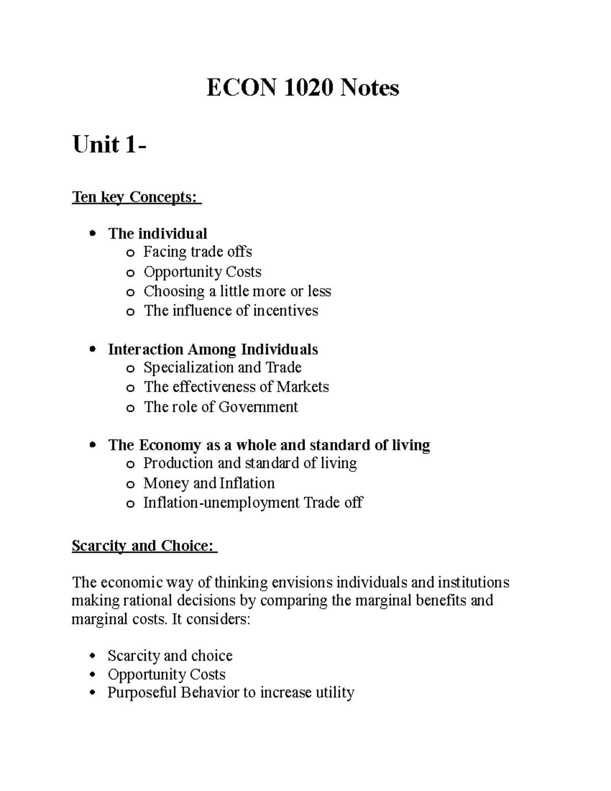 ECON 1020 Notes - ECON 1020 Notes Unit 1- Ten key Concepts: The ...