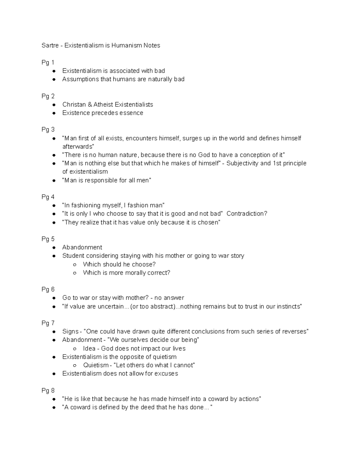 Sartre - Existentialism is Humanism Notes - ..(or too abstract ...
