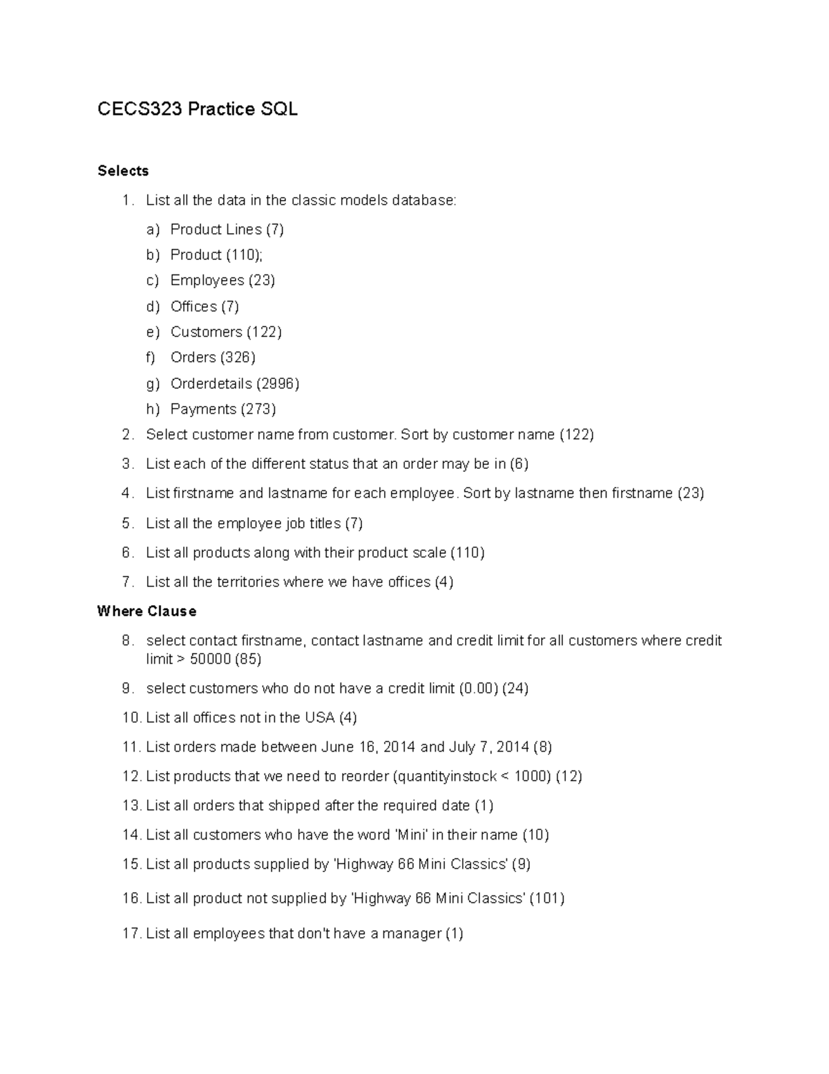 CECS323Classic Models Practice SQL - CECS323 Practice SQL Selects 1 ...