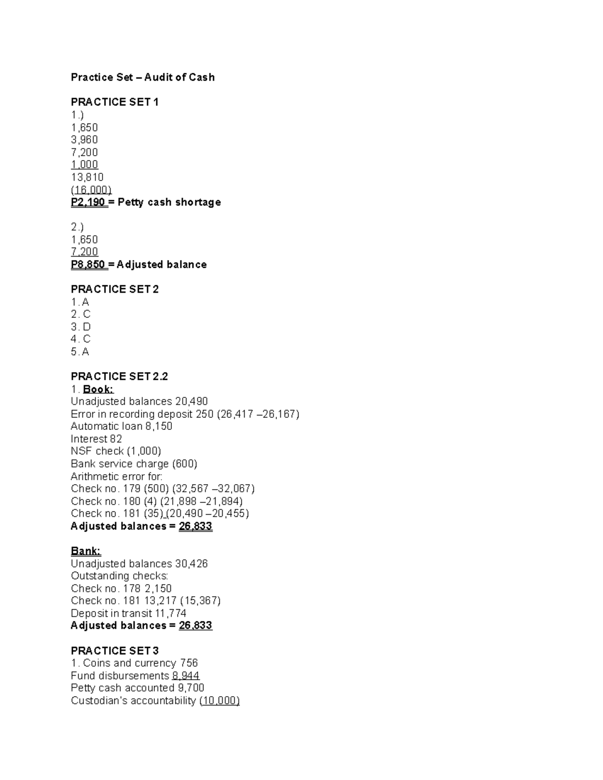 Practice Set Audit of Cash - Practice Set – Audit of Cash PRACTICE SET ...