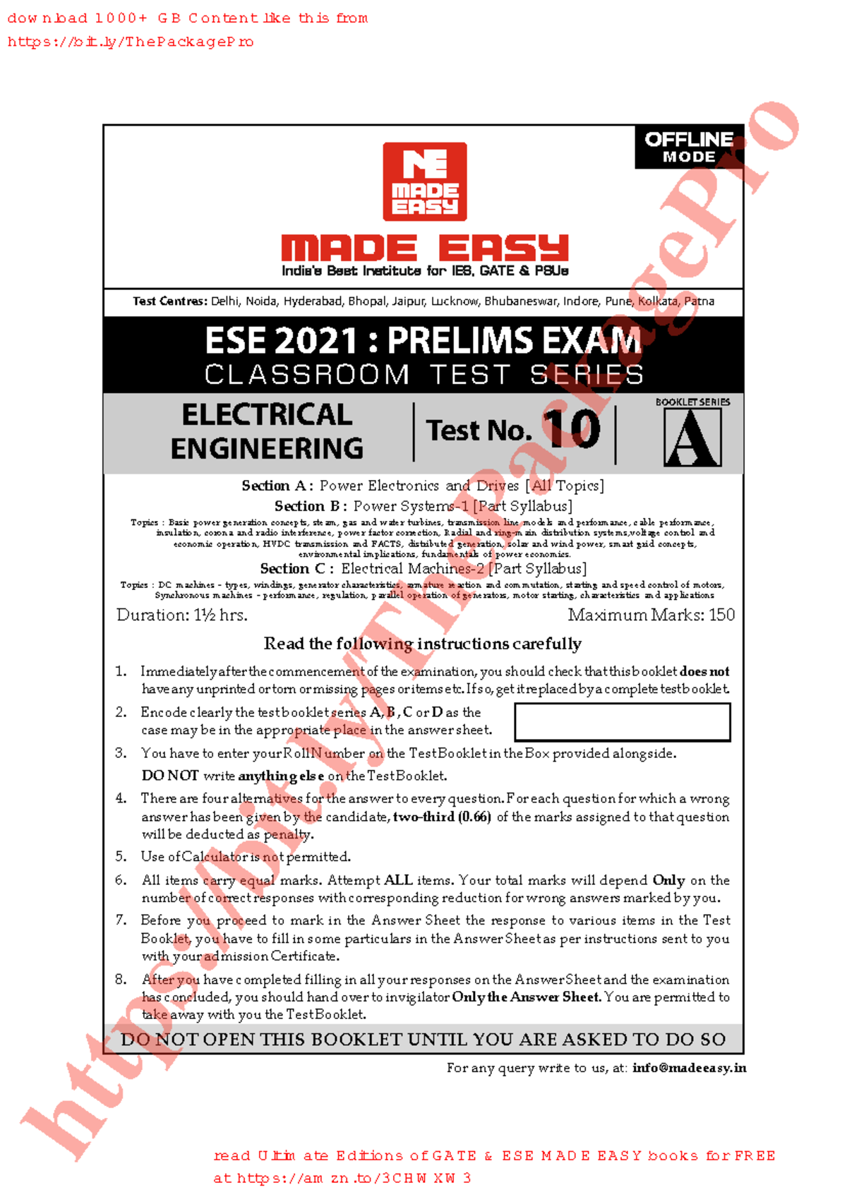 ESE 2021 Prelims MADE EASY Test Series Paper 10 Google The Package Pro ...