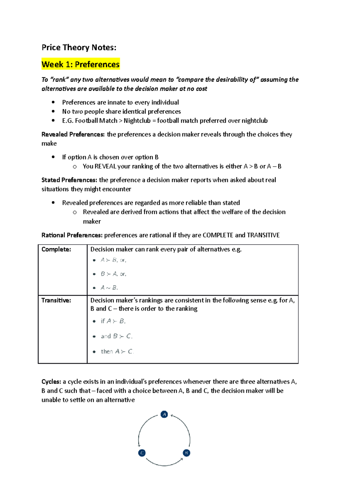Price Theory Notes weeks 1 and 2 - Price Theory Notes: Week 1 ...