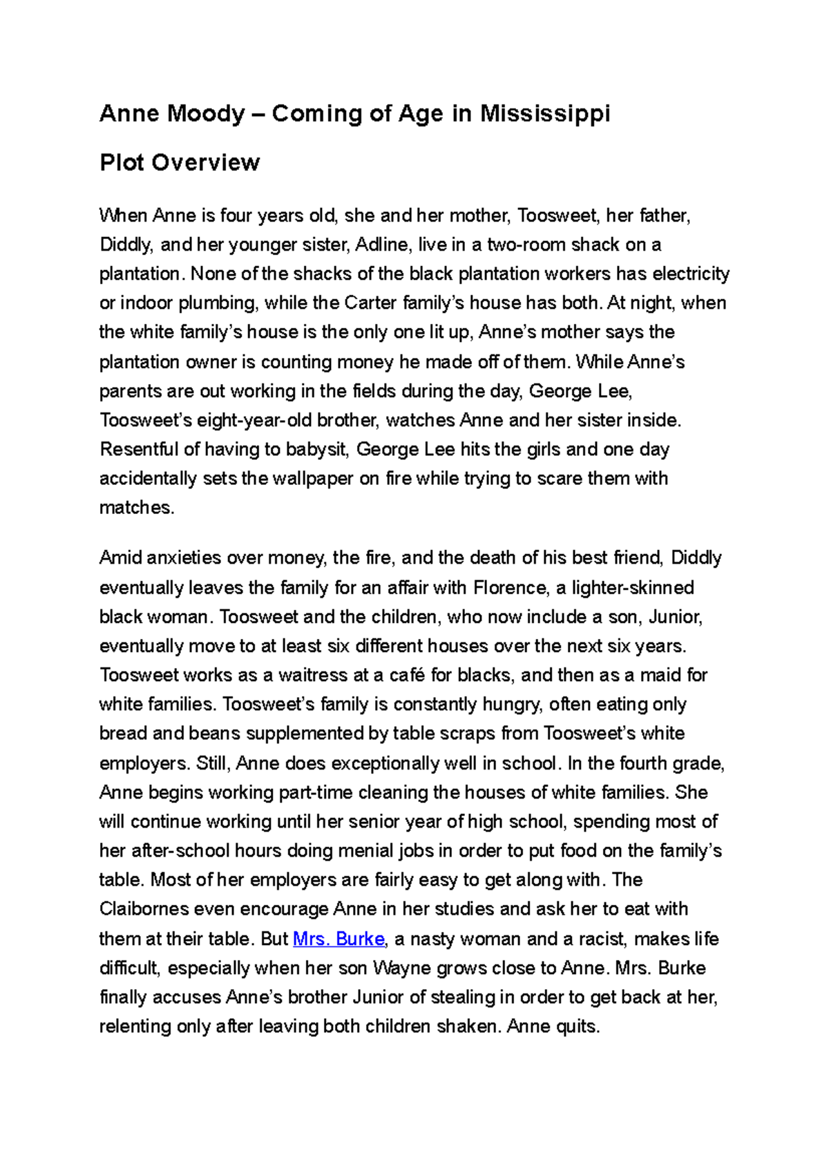 Anne Moody - Coming of Age in Mississippi - Plot overview - Anne Moody ...