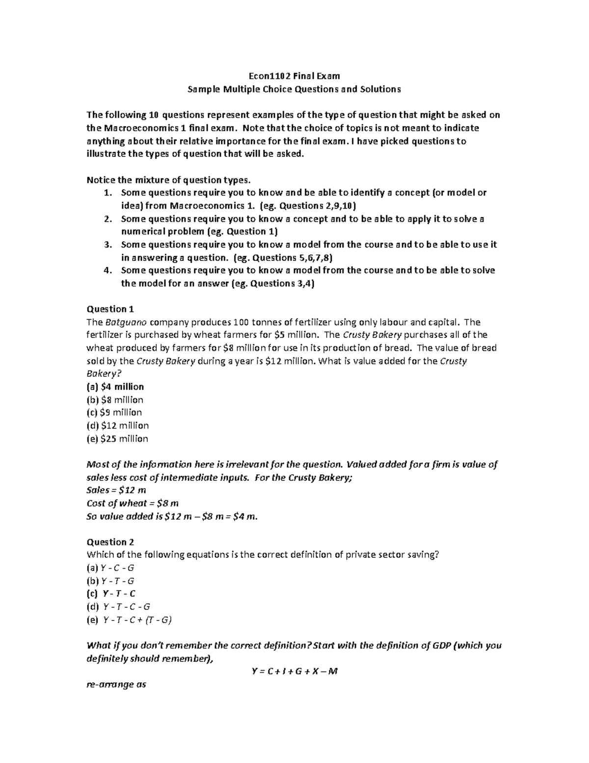 Exam 2015, questions and answers - Econ1102 Final Exam Sample Multiple Choice Questions and ...