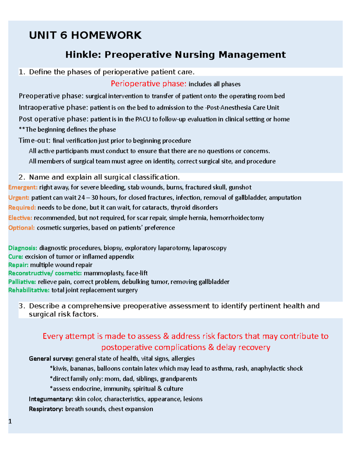 Unit 6 Outline revised - Pre-op Nursing notes - UNIT 6 HOMEWORK Hinkle ...