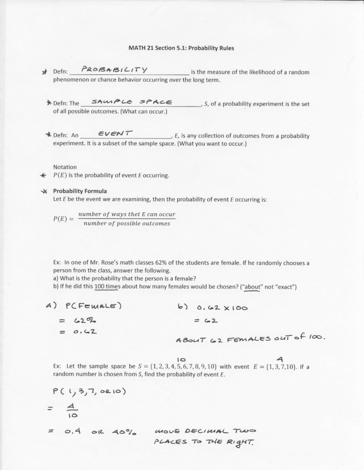 Chapter 5.1 Notes - MATH 21 Section 5: Probability Rules Defn ...