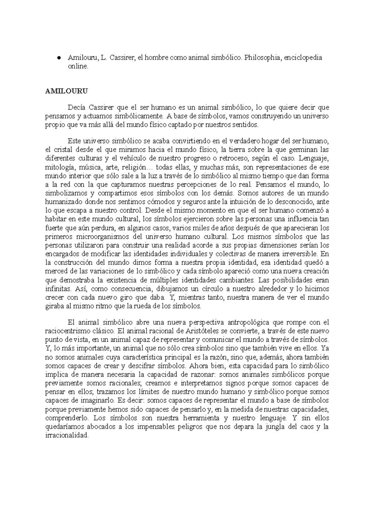 Amilouru, L El hombre como animal simbólico - Amilouru, L. Cassirer, el ...