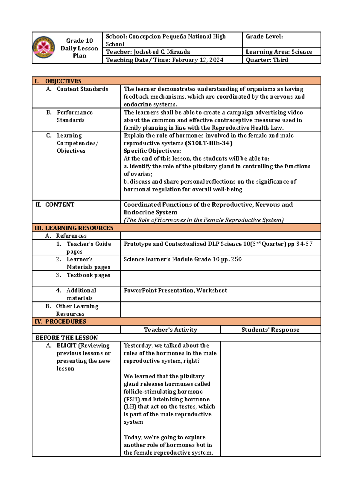 7E'S DLP-(S10LT-IIIb-34) - Female - Grade 10 Daily Lesson Plan School ...