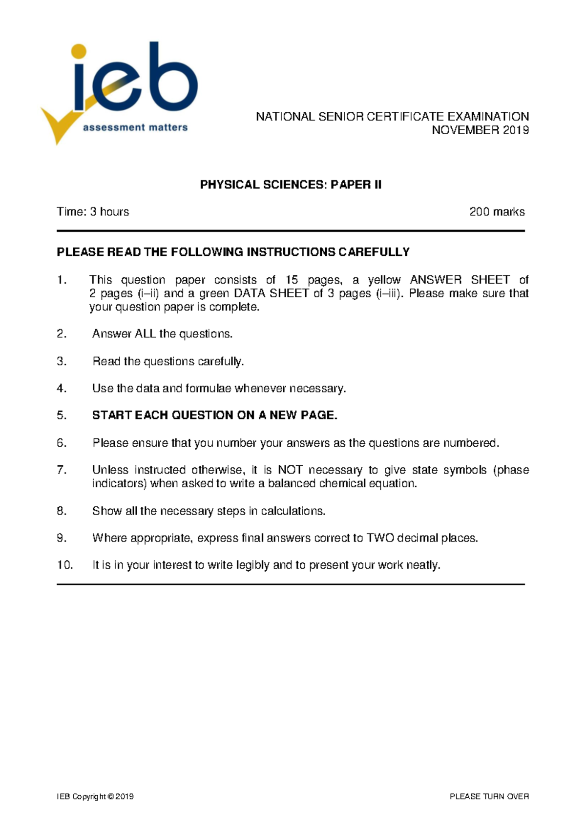 Physical Sciences P2 2019 - IEB Copyright © 2019 PLEASE TURN OVER ...