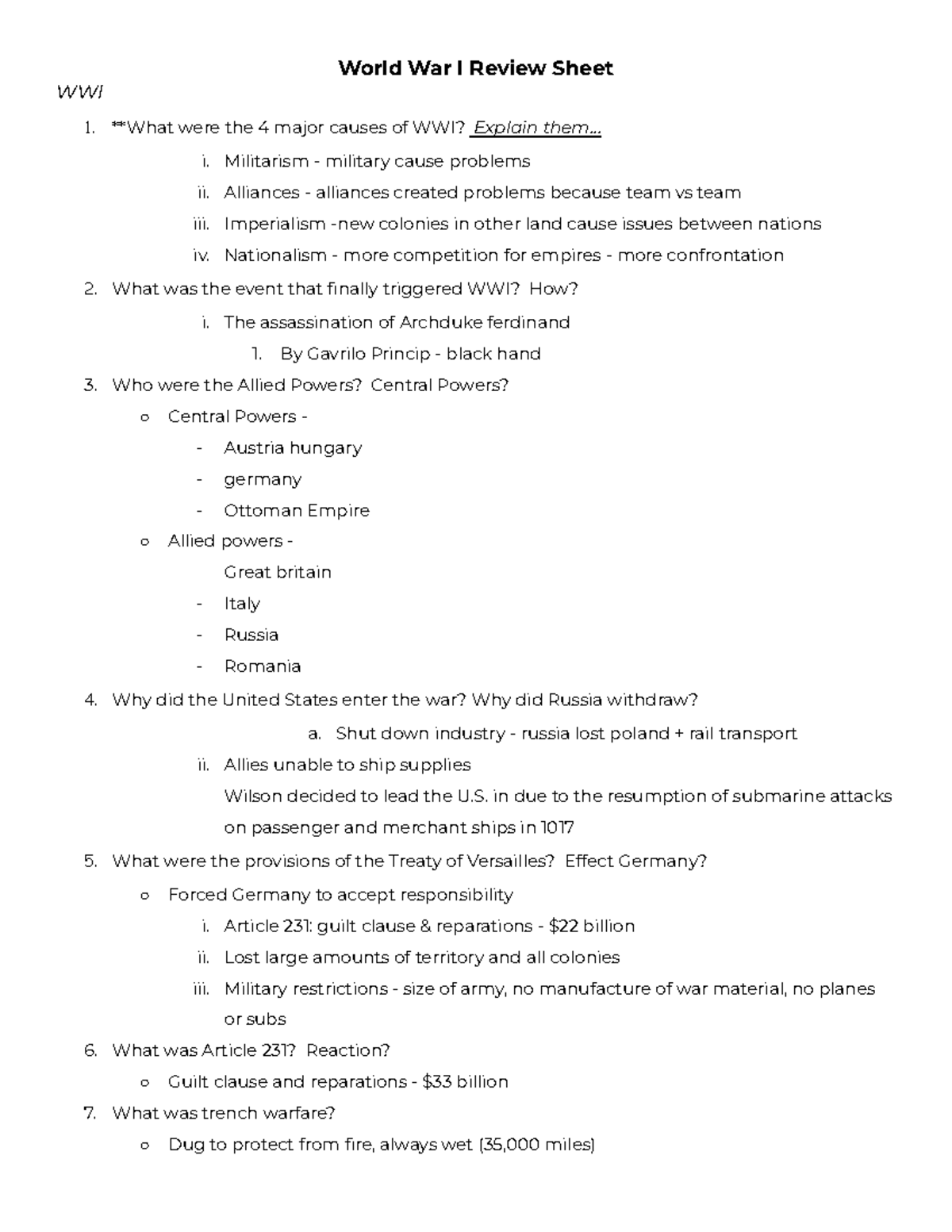 World War I Review Sheet - World War I Review Sheet WWI **What were the ...