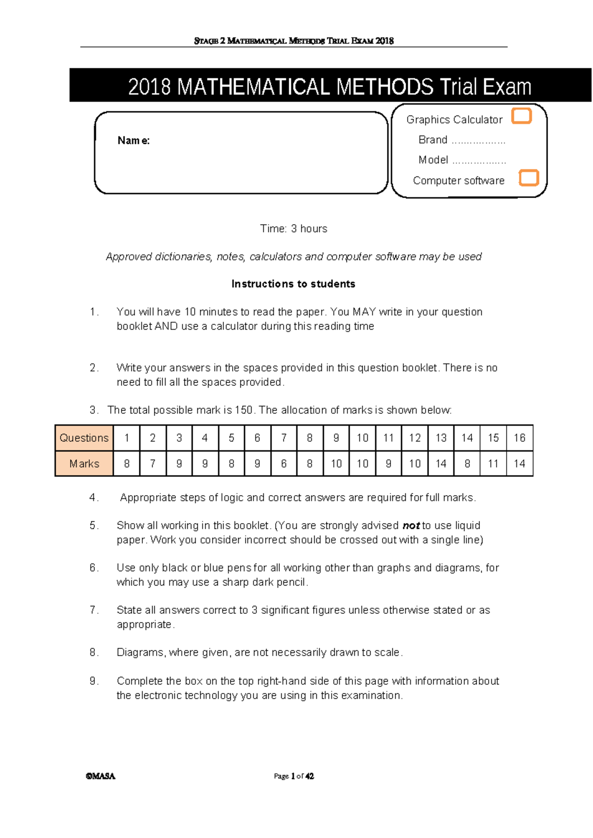 2018 MASA - practise test - Graphics Calculator Name: Time: 3 hours ...