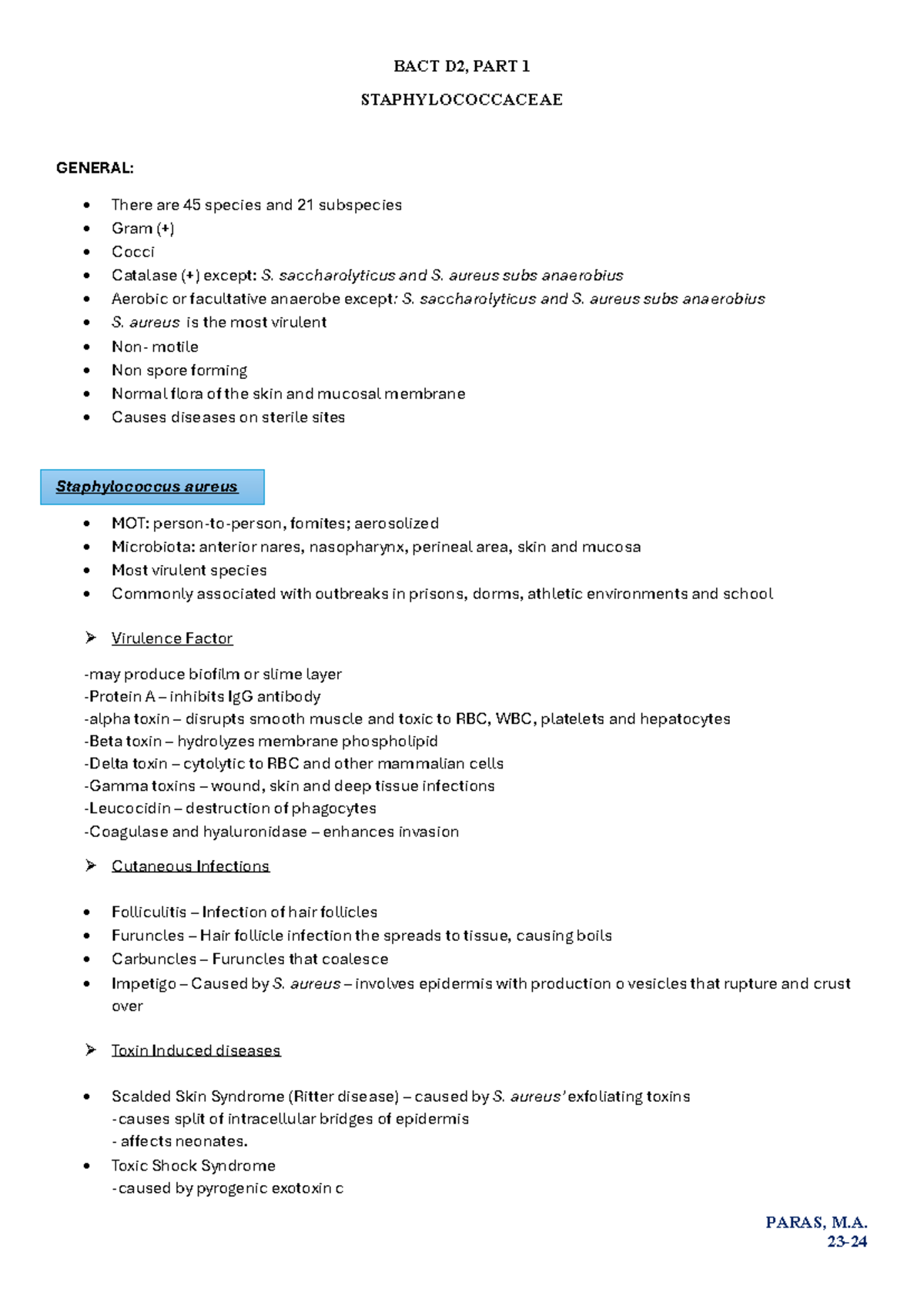 BACT D2 - trans - STAPHYLOCOCCACEAE - PARAS, M. BACT D2, PART 1 ...