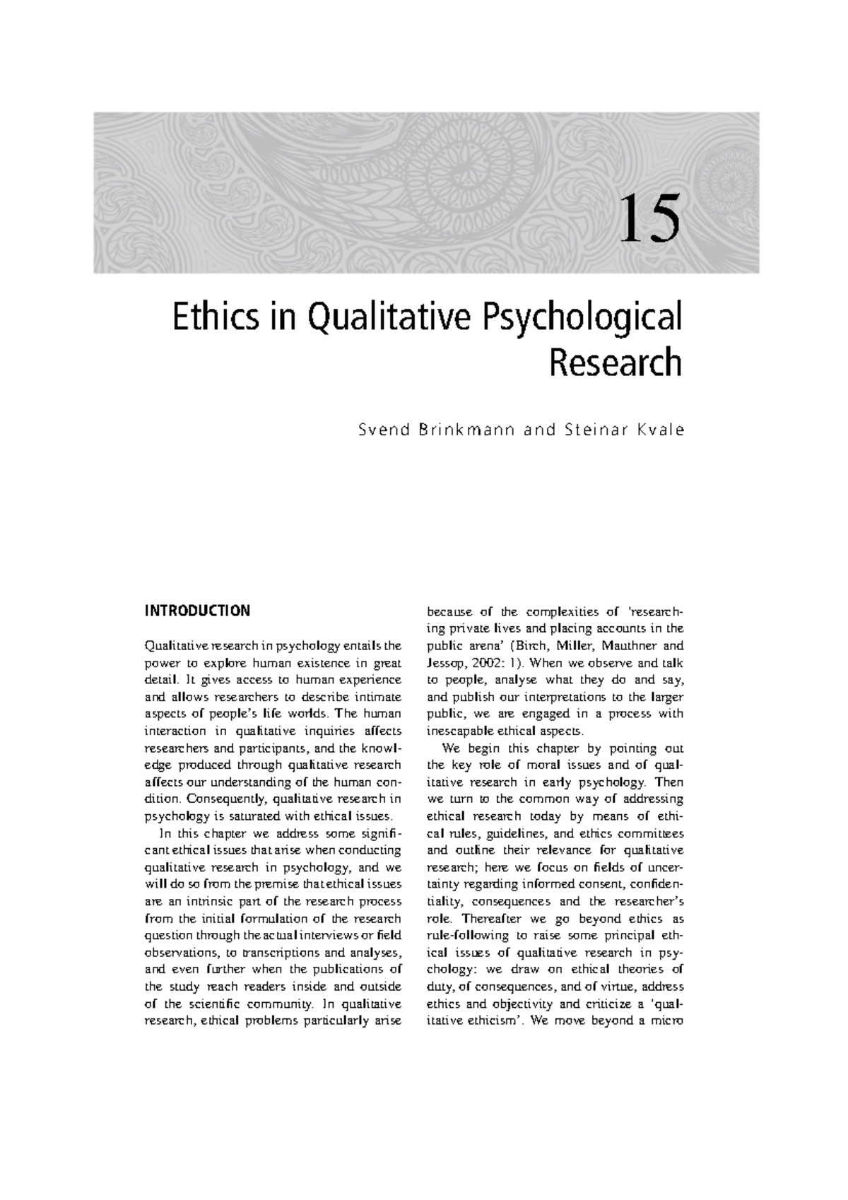 Qualitative Research Ethics - 15 Ethics in Qualitative Psychological Research S v e n d B r i n ...