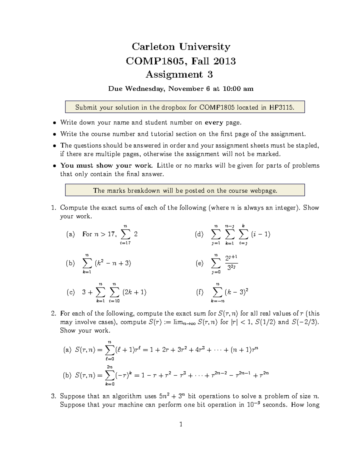 Assignment 03 - Fall 2013 - Carleton University COMP1805, Fall 2013 Assignment 3 Due Wednesday ...