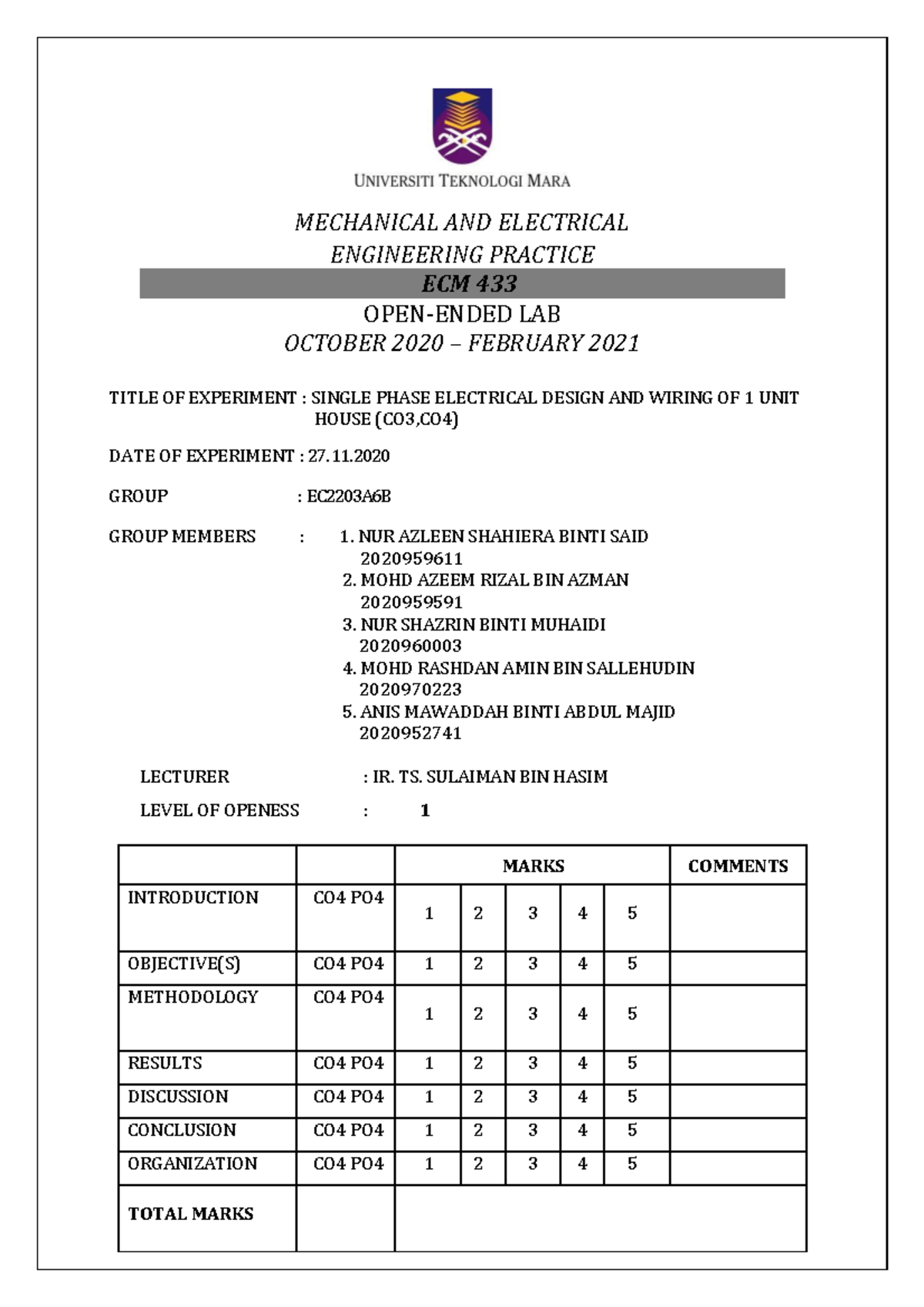 Lab 3 - MECHANICAL AND ELECTRICAL ENGINEERING PRACTICE ECM 433 OPEN ...