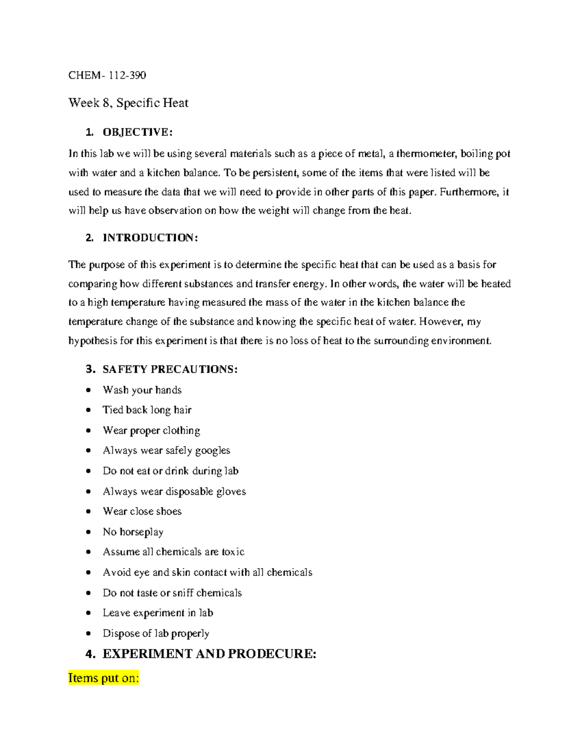 Week 8 lab chem - week 8 lab- online - CHEM- 112- Week 8, Specific Heat ...