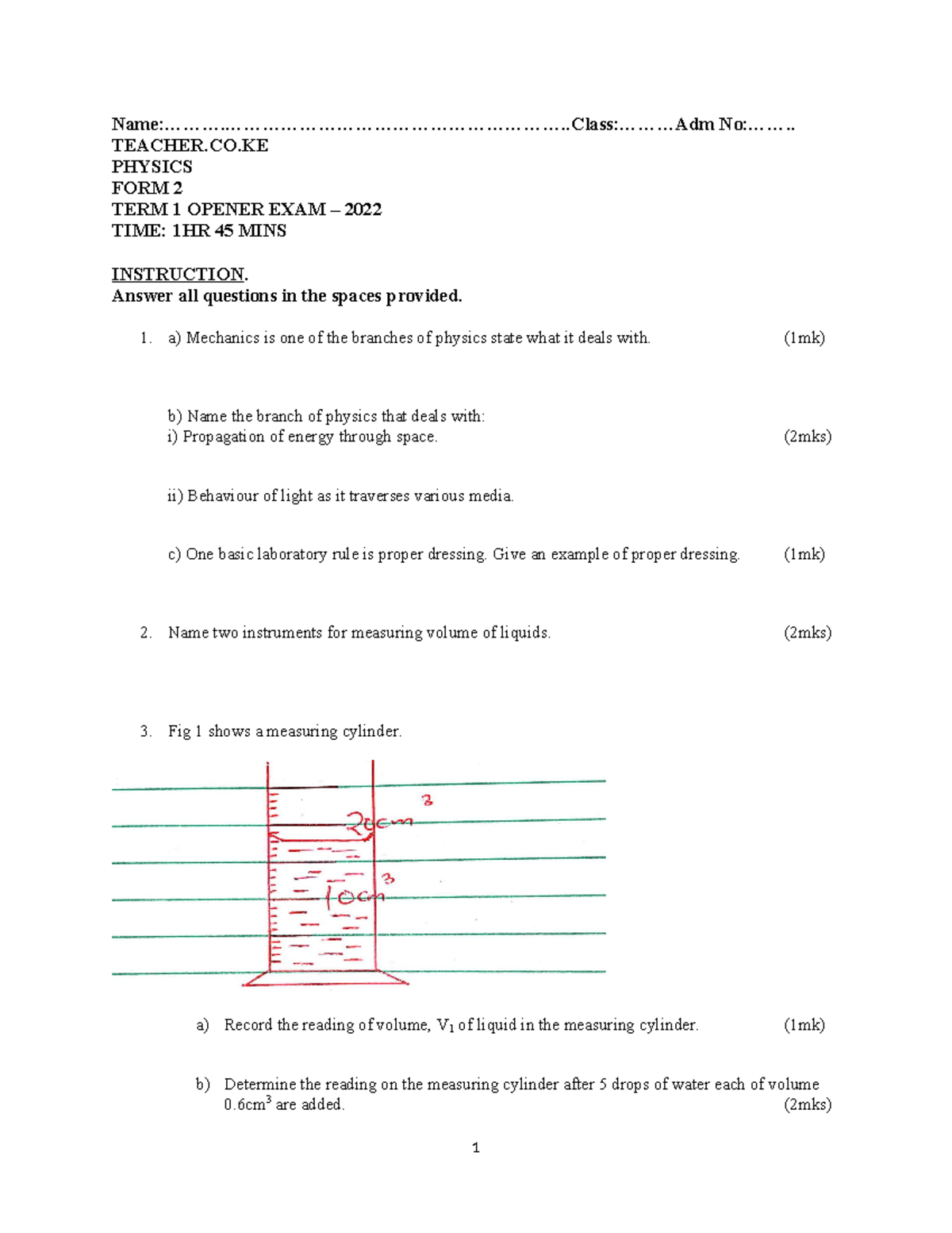 Physics FORM 2 TERM 1 Opener 2022 QN - - Studocu