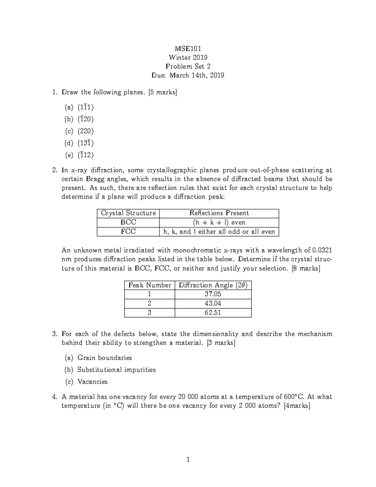 Winter 2019 mse101 ps2 - PROBLEM SET - MSE101 Winter 2019 Problem Set 2 Due: March 14th, 2019 1 ...